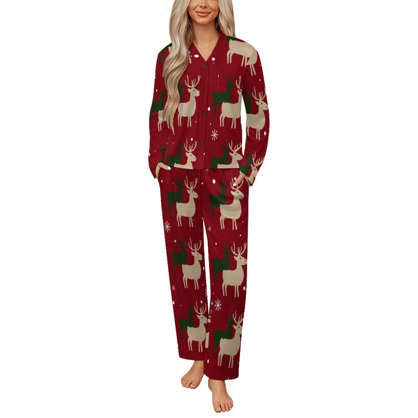 Deer Christmas Pattern Red Background Womens Pyjamas Set Button Up ...