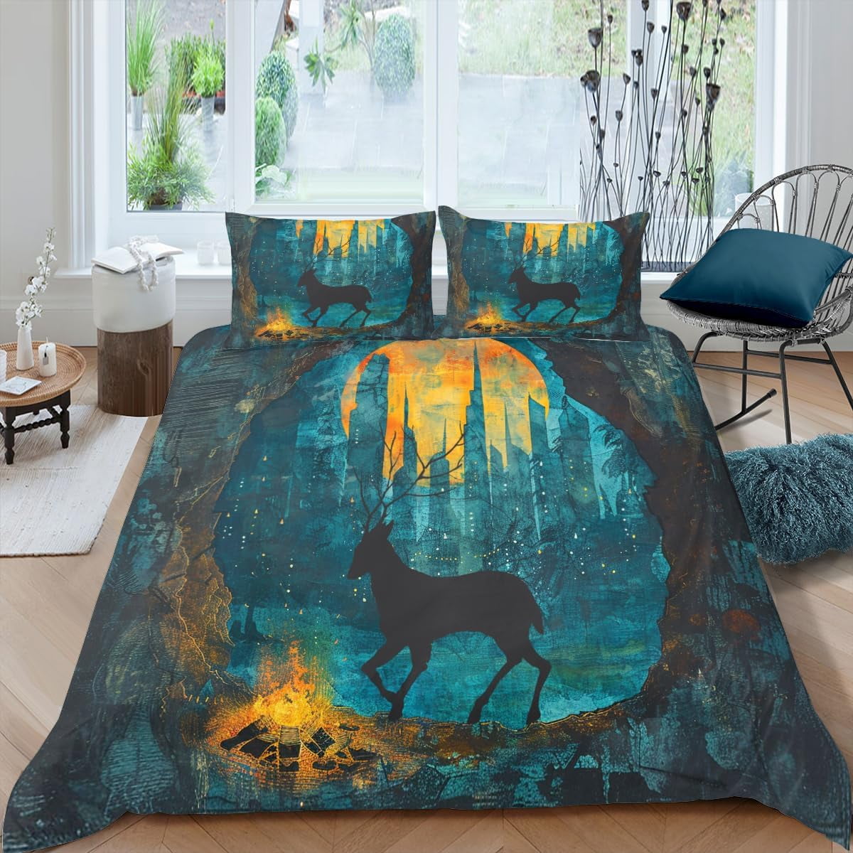 Deer Comforter Cover Wildlife Duvet Cover Mysterious Cave Pattern Bed ...