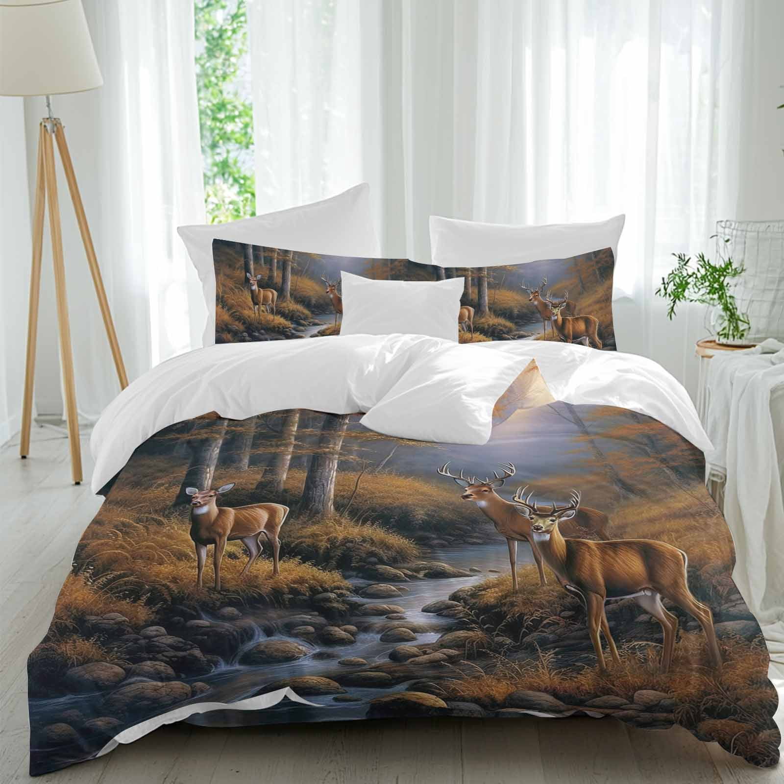 Deer in Comforter Set Queen Size, Sunset Forest with Stream and Trees ...