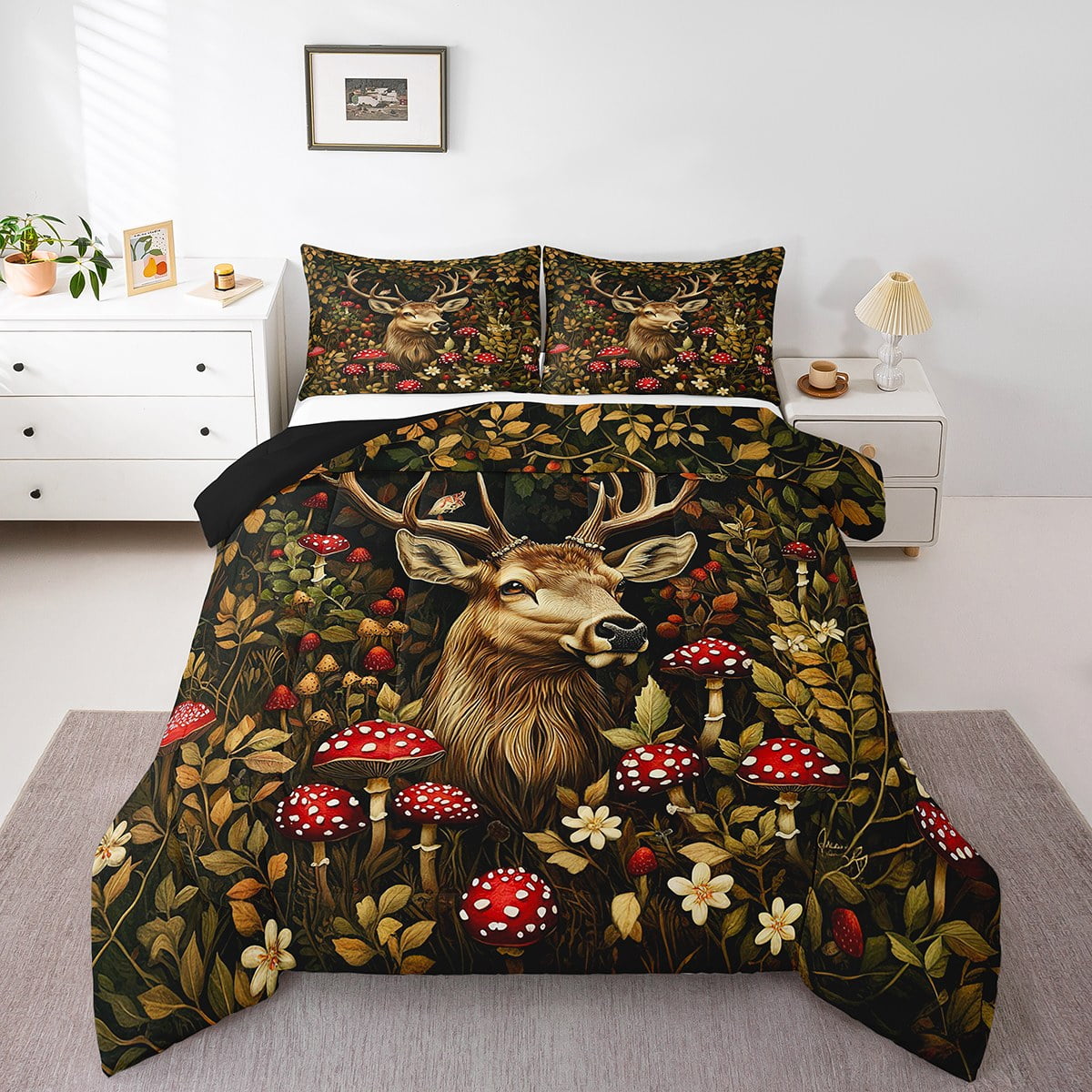 Deer Comforter Set,Wild Mushroom Flowers Nature Botanical Plants Leaves ...