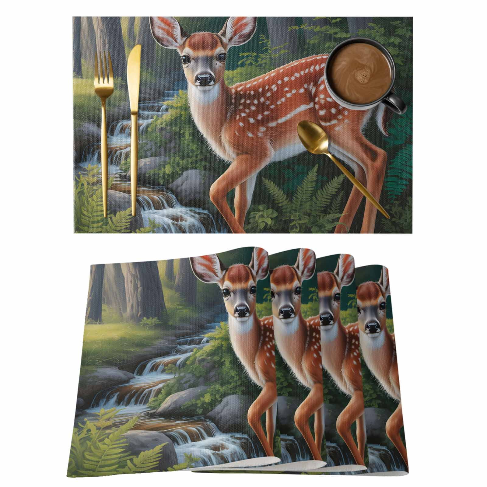 Deer Cotton Linen Placemats Set of 4, Forest Leaves River Vintage ...