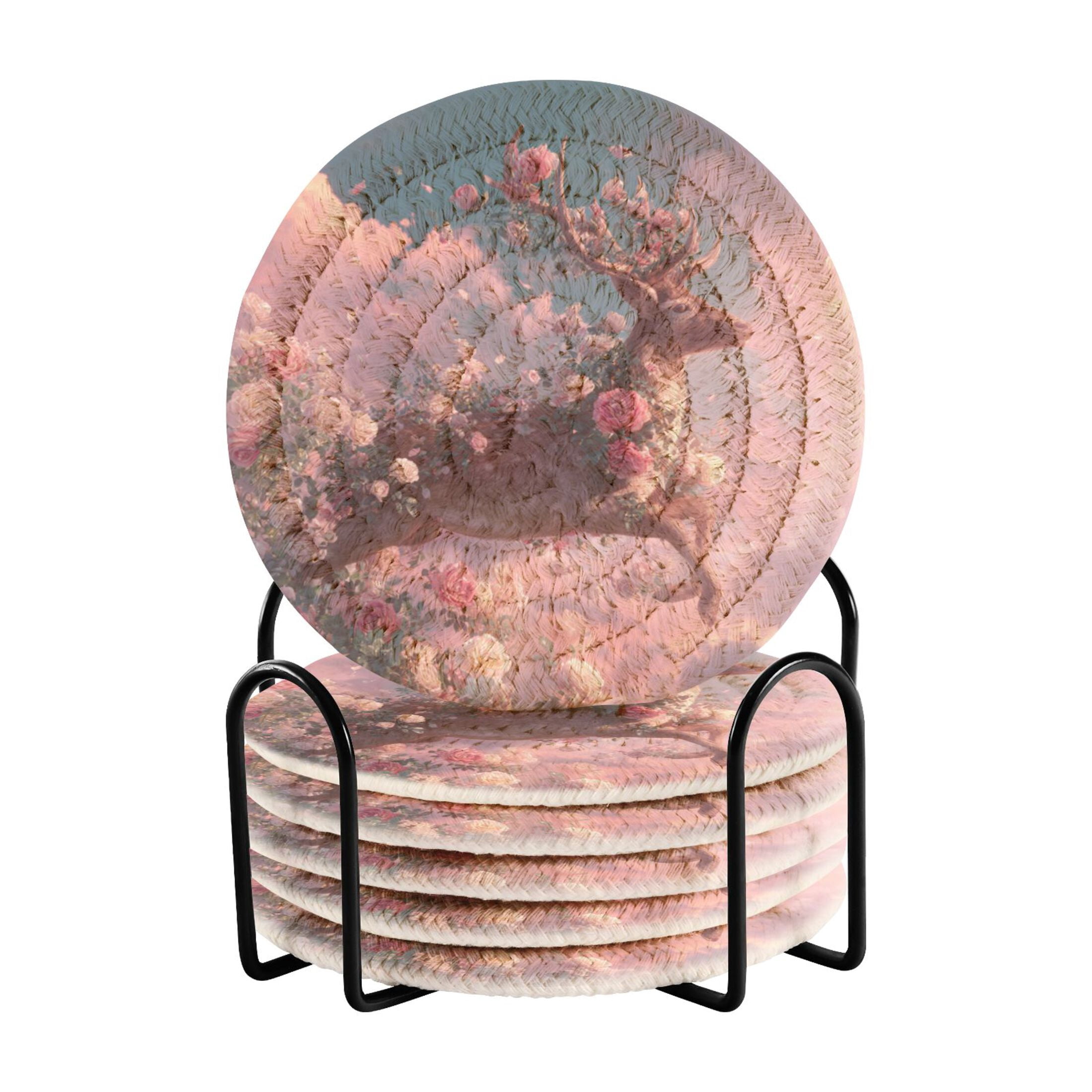 Deer Covered by Roses Flying in Sky Drinking Coasters Cup Mat with ...