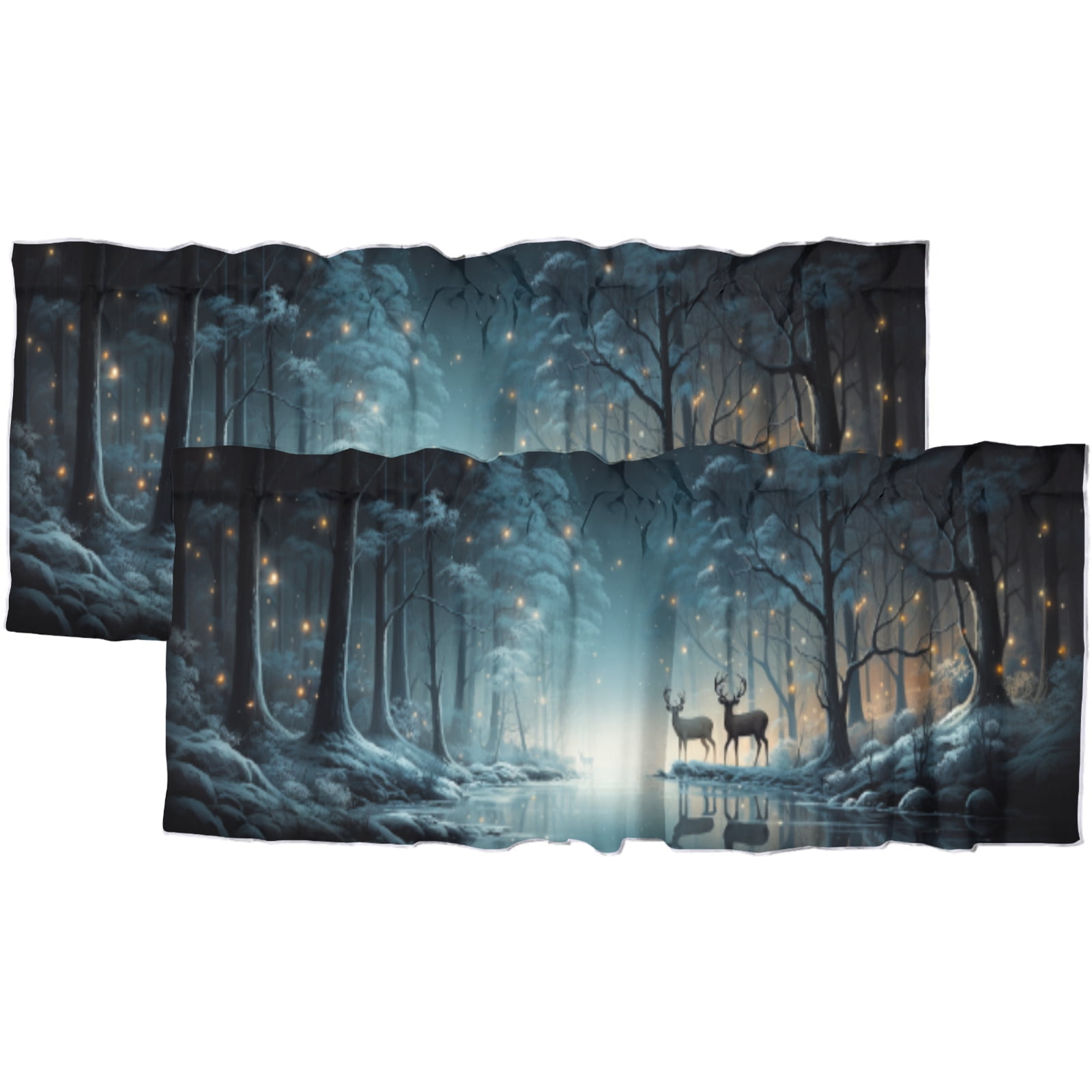 Deer Curtain Valances for Kitchen Windows Forest Pine Tree Nature Night ...