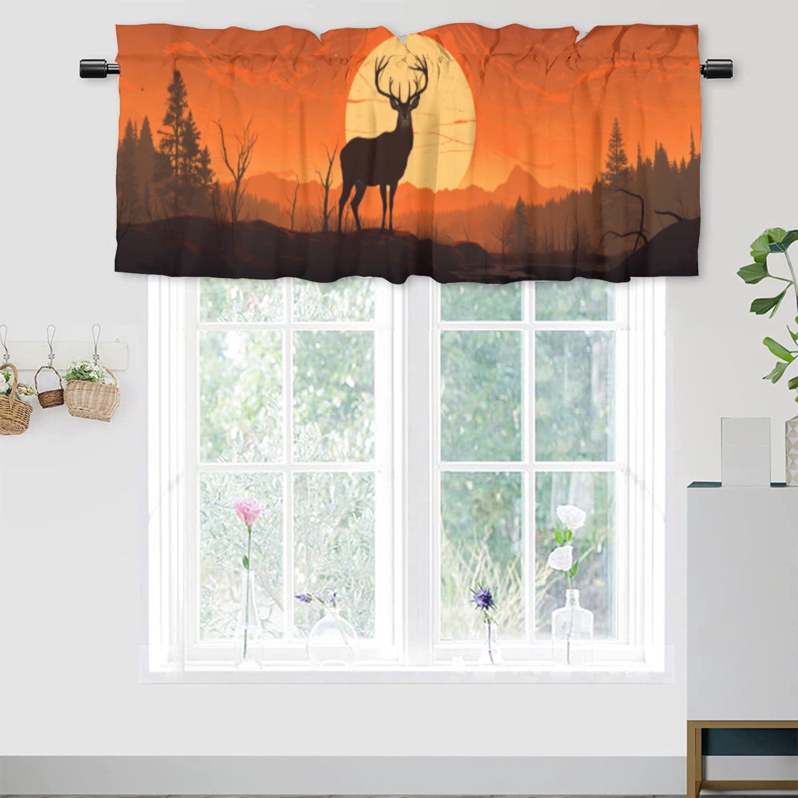 Deer Curtain Valances Silhouette of Animal Pine Forest Birds Sunset ...