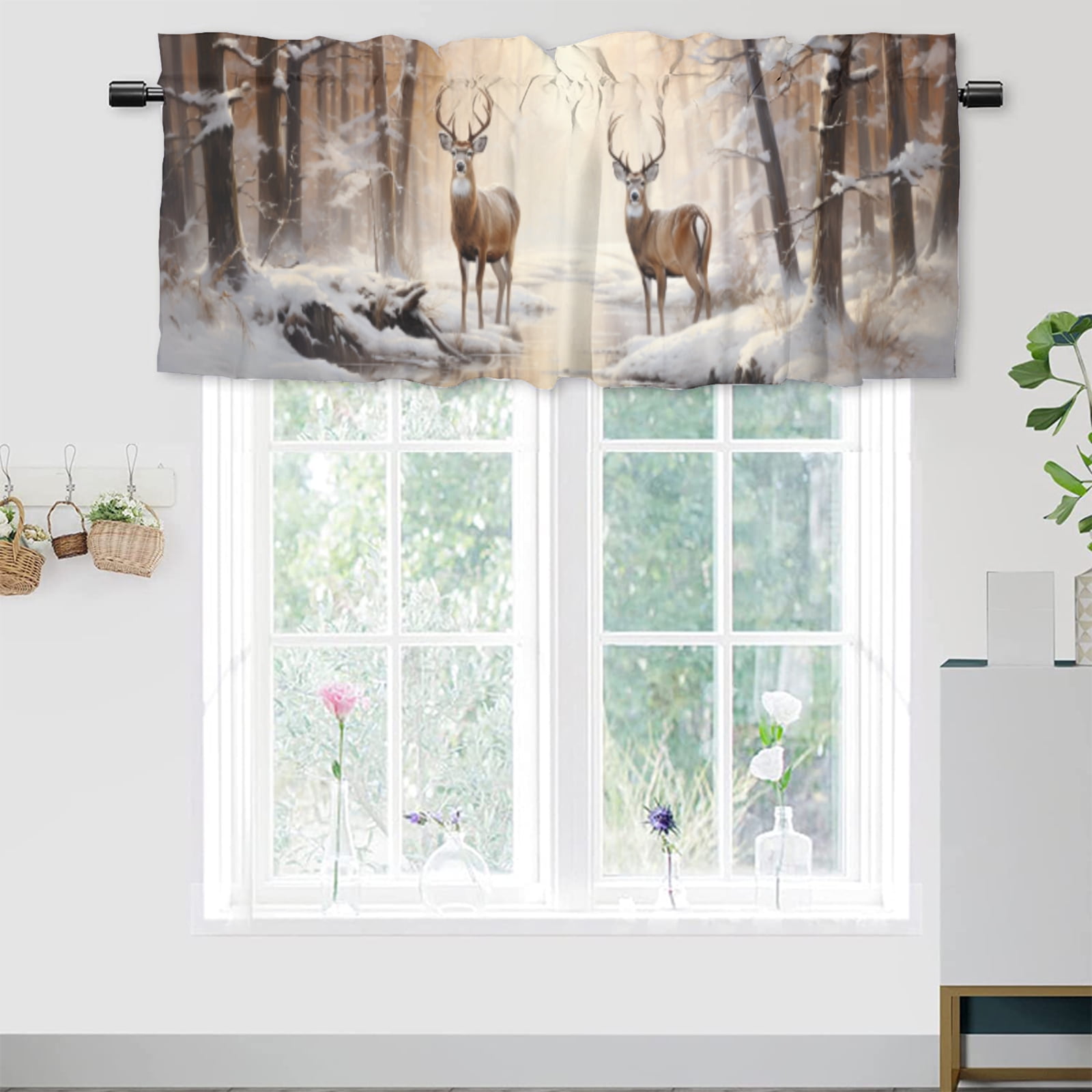 Deer Curtain Valances Winter Cabin Wild Animal Elk Snowy Tree Forest ...