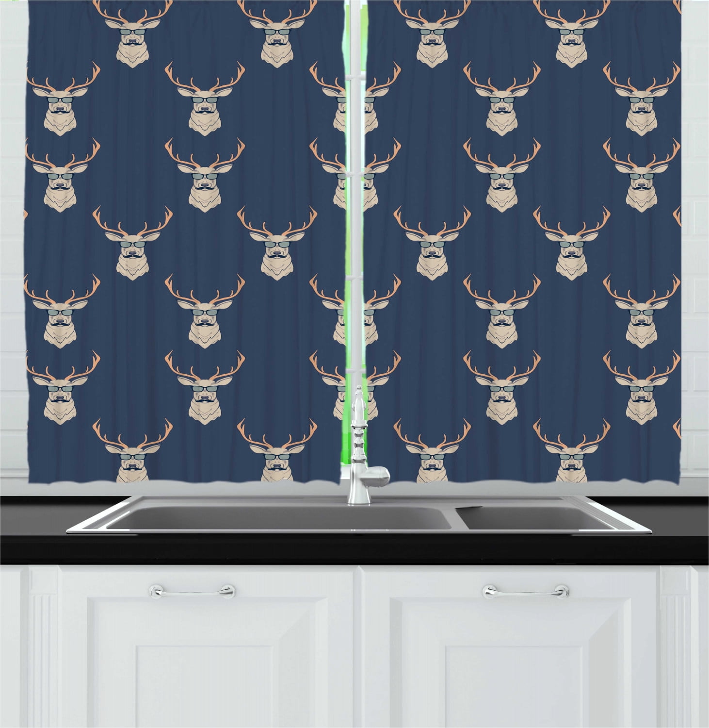 Deer Curtains 2 Panels Set, Hipster Inspired Deer with Antlers Glasses ...