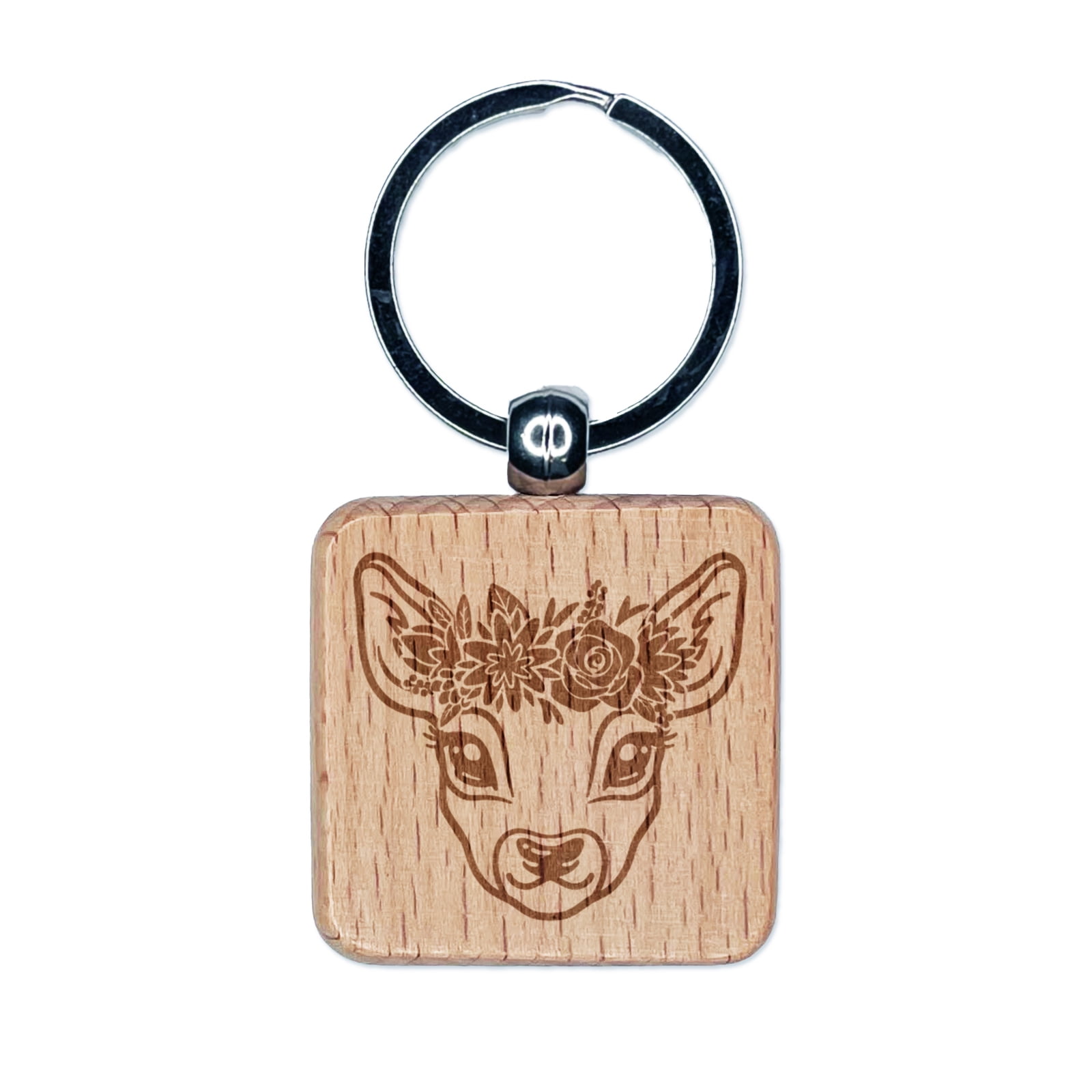Deer Doe Wearing a Flower Crown Square Keychain Charm Tag - Engraved ...