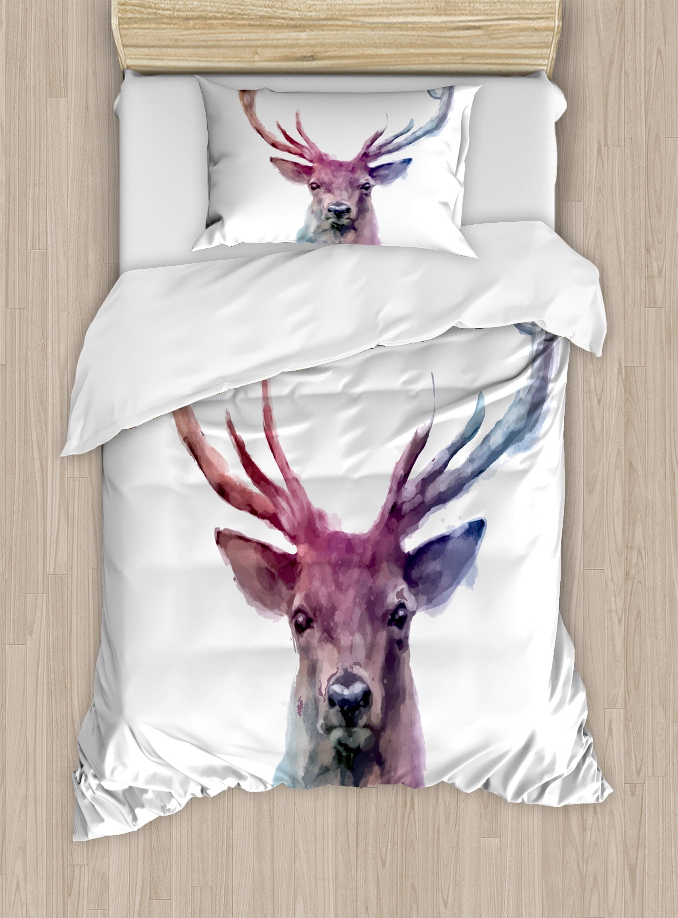 Deer Duvet Cover Set, Illustration of Male Stag with Soft Pale Colors ...