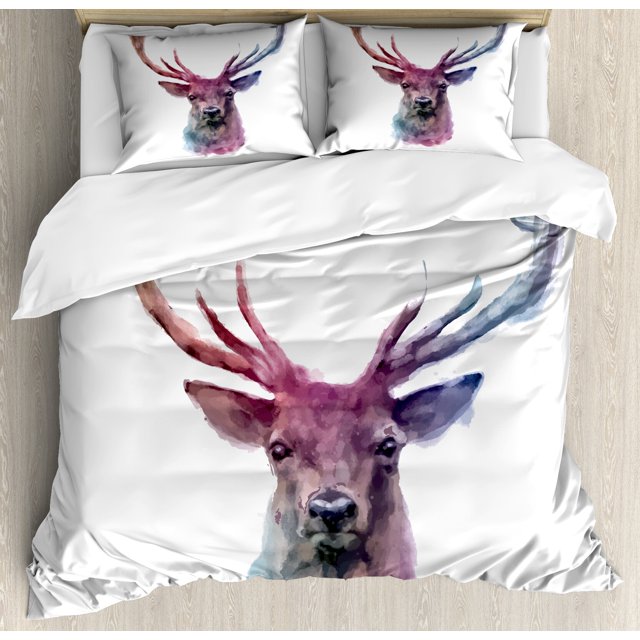 Deer Duvet Cover Set, Illustration of Male Stag with Soft Pale Colors ...
