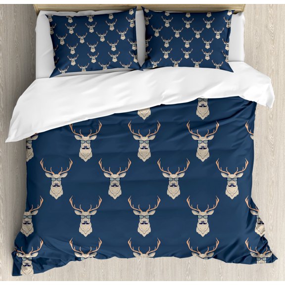 Deer Duvet Cover Set Queen Size, Deer Head with Antlers Silhouette Form ...