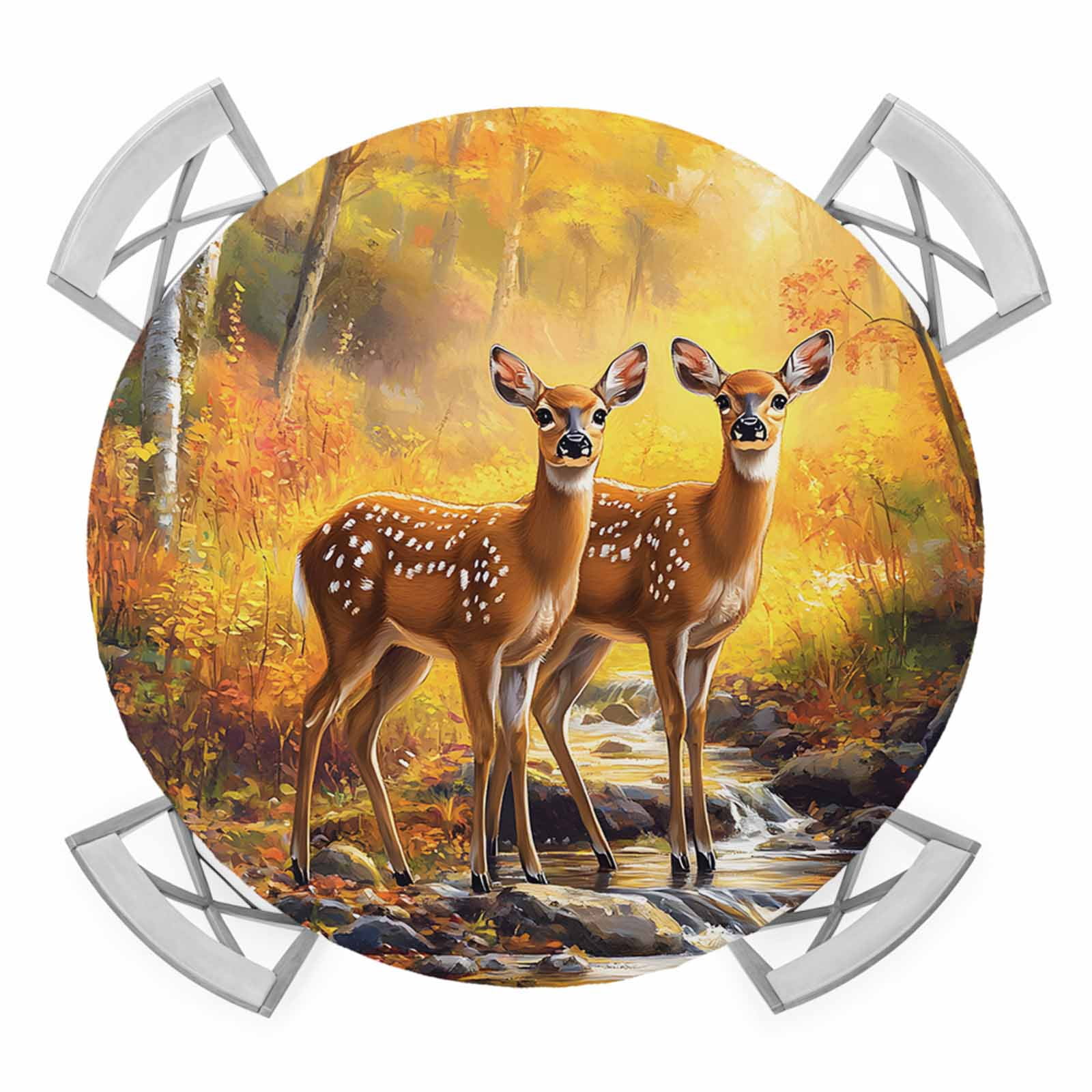 Deer Elastic Fitted Round Table Cover Maple Leaves Forest Waterproof ...