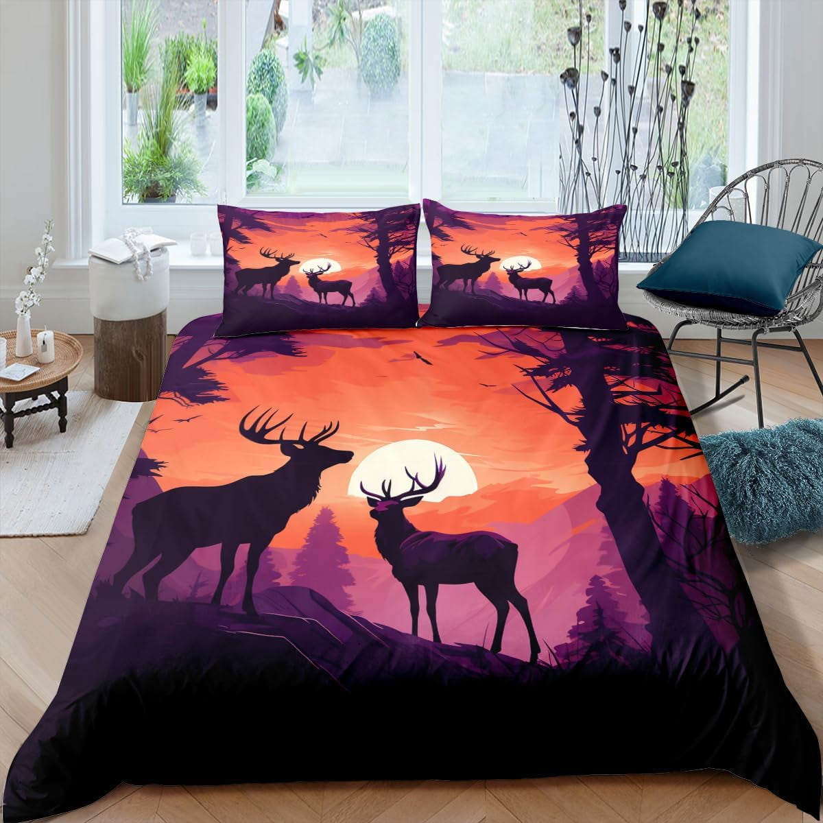 Deer Elk Bedding Set Cute Deer Sunset Duvet Cover Pine Tree Hunting ...