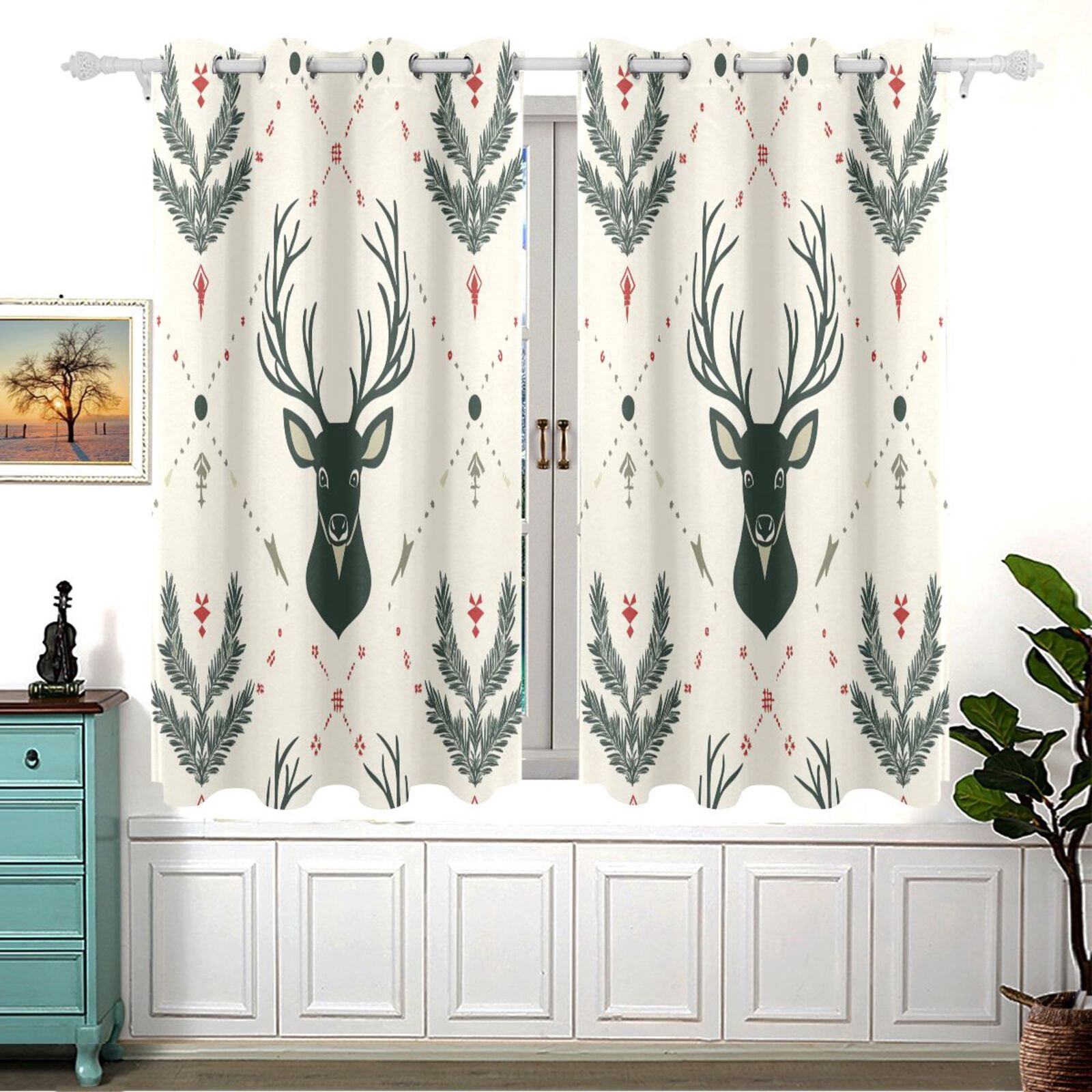 Deer Face Leaves Curtains Grommet Black Out 54 Inch Length Curtain ...