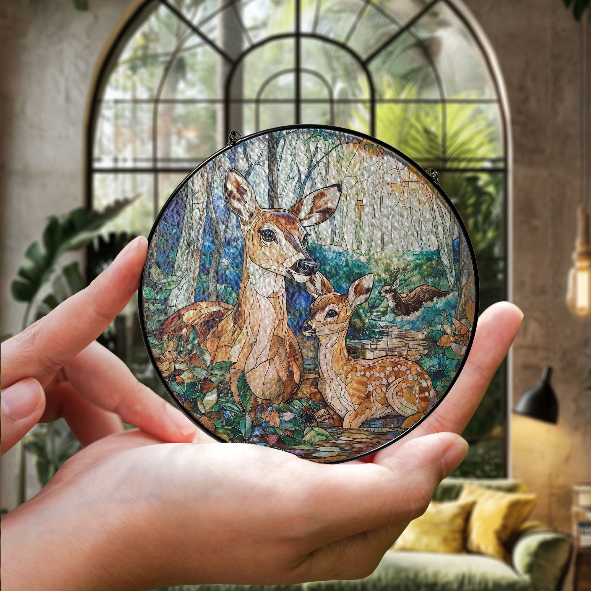 Deer Family 2D Flat Stained Glass Window Hanging - Woodland Wildlife Mother and Fawn Sun Catcher ...