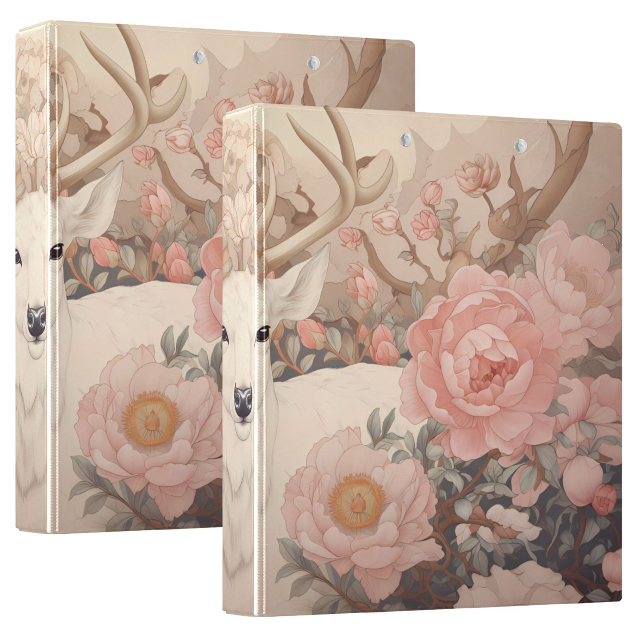 Deer Flowers Floral Pink 3 Ring Binders 1.5 inch Hardcover File Folders with Interior Pockets A4 ...