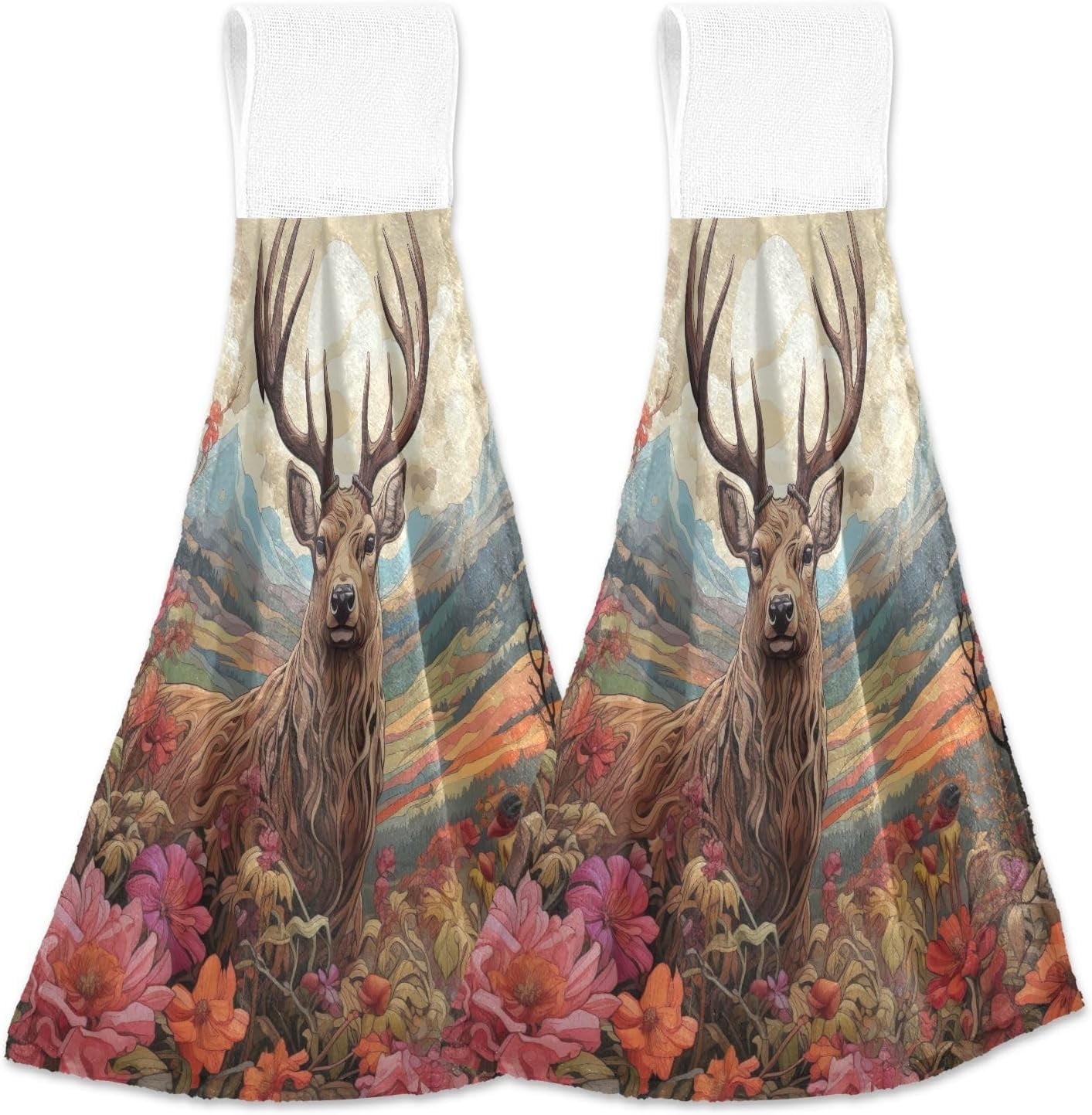 Deer Flowers Hand Towels Set of 2 Soft Absorbent Kitchen Hanging Towels ...