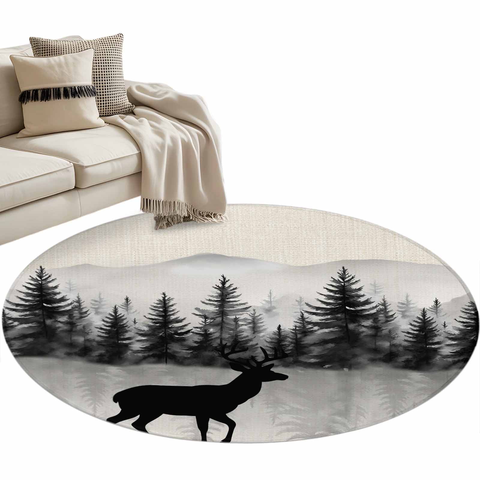 Deer Forest 3ft Area Rug, Farmhouse Vintage Nature Trees Mountain ...