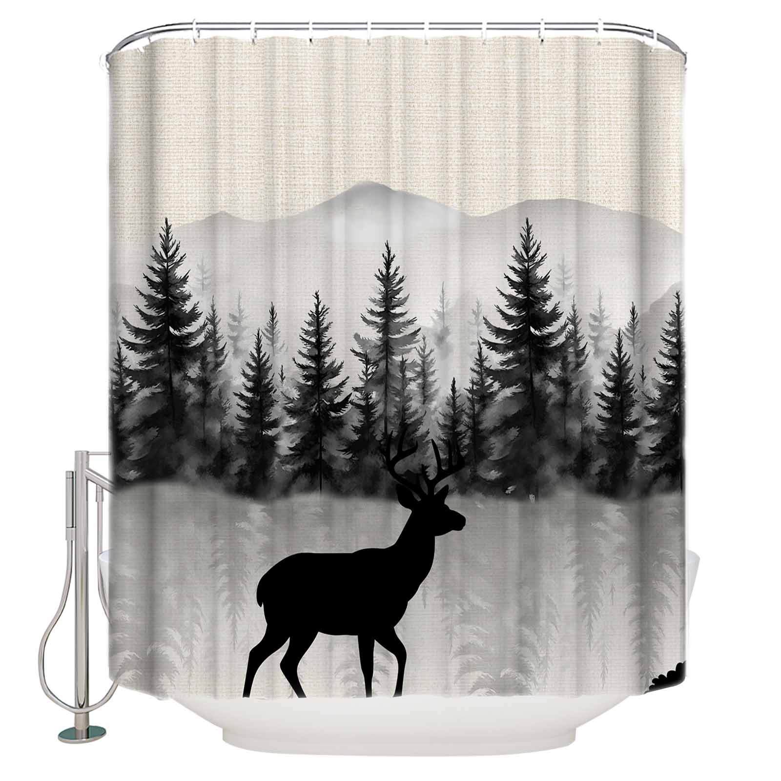 Deer Forest Bathroom Shower Curtains with 12 Hooks Polyester Waterproof ...