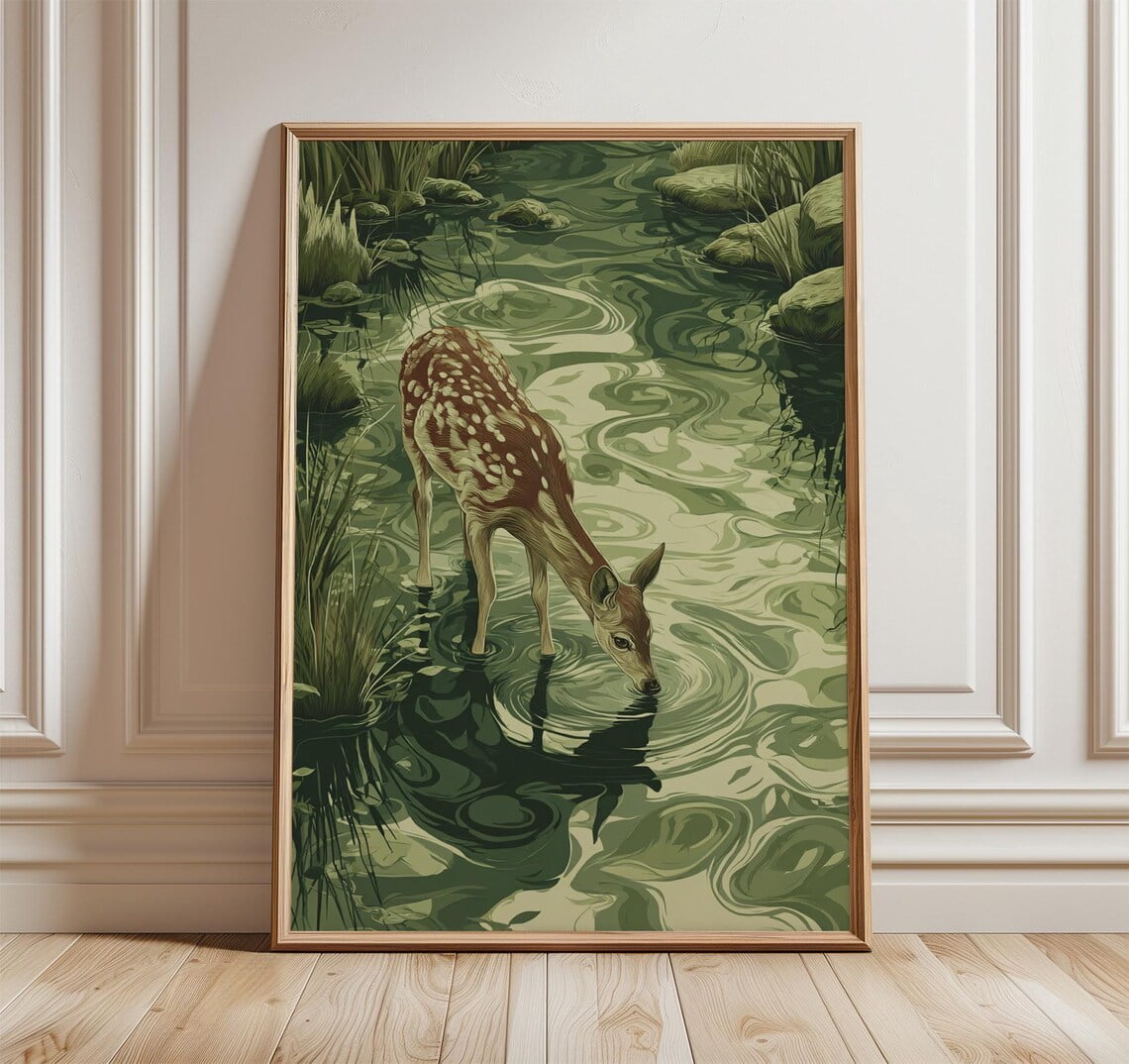 Deer Forest Botanical Nature Art Modern Illustration Style Wall Decor ...