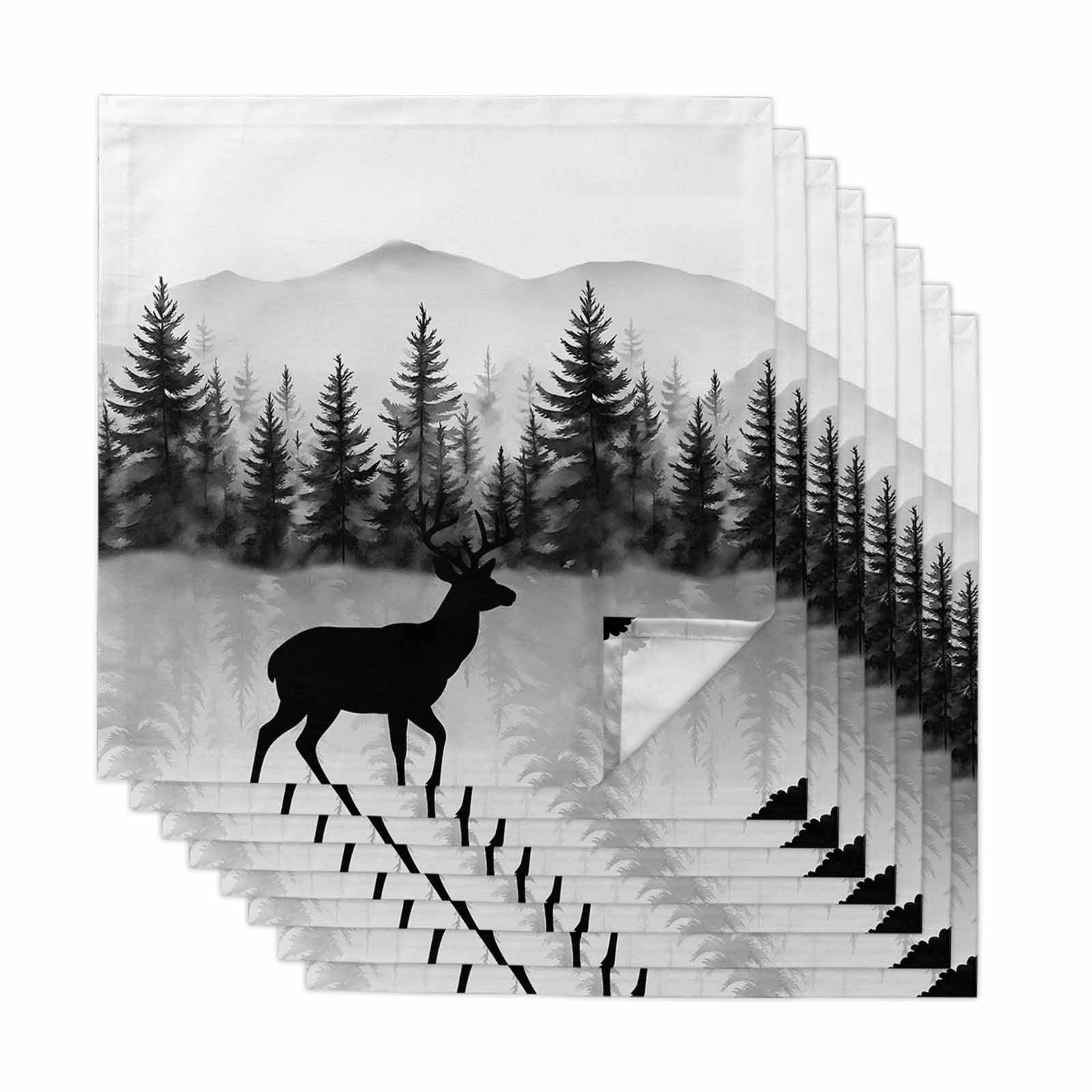 Deer Forest Cloth Napkins, Retro Country Trees Mountain Nature Scenery ...