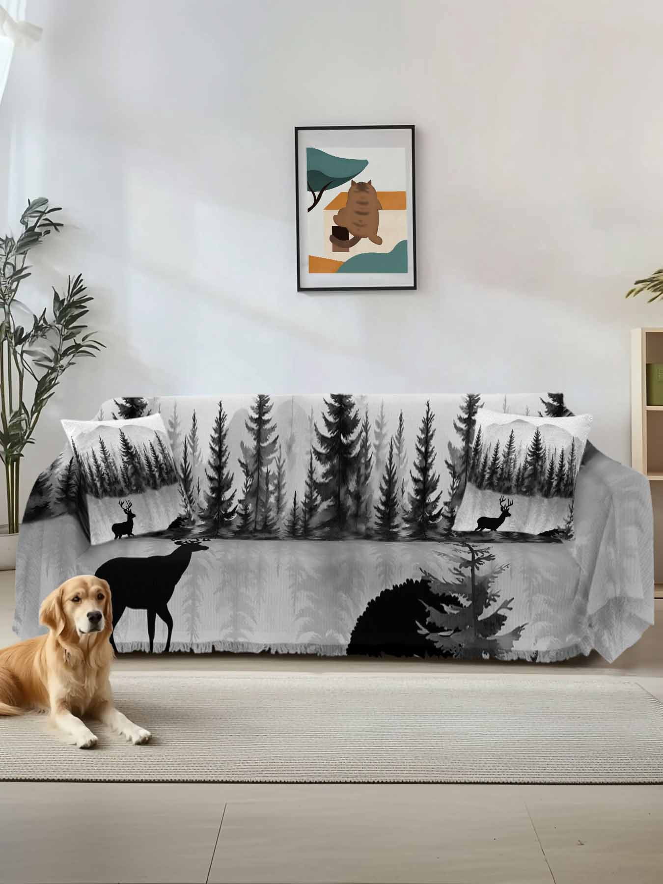 Deer Forest Couch Cover for Dogs, Retro Country Trees Mountain Nature ...