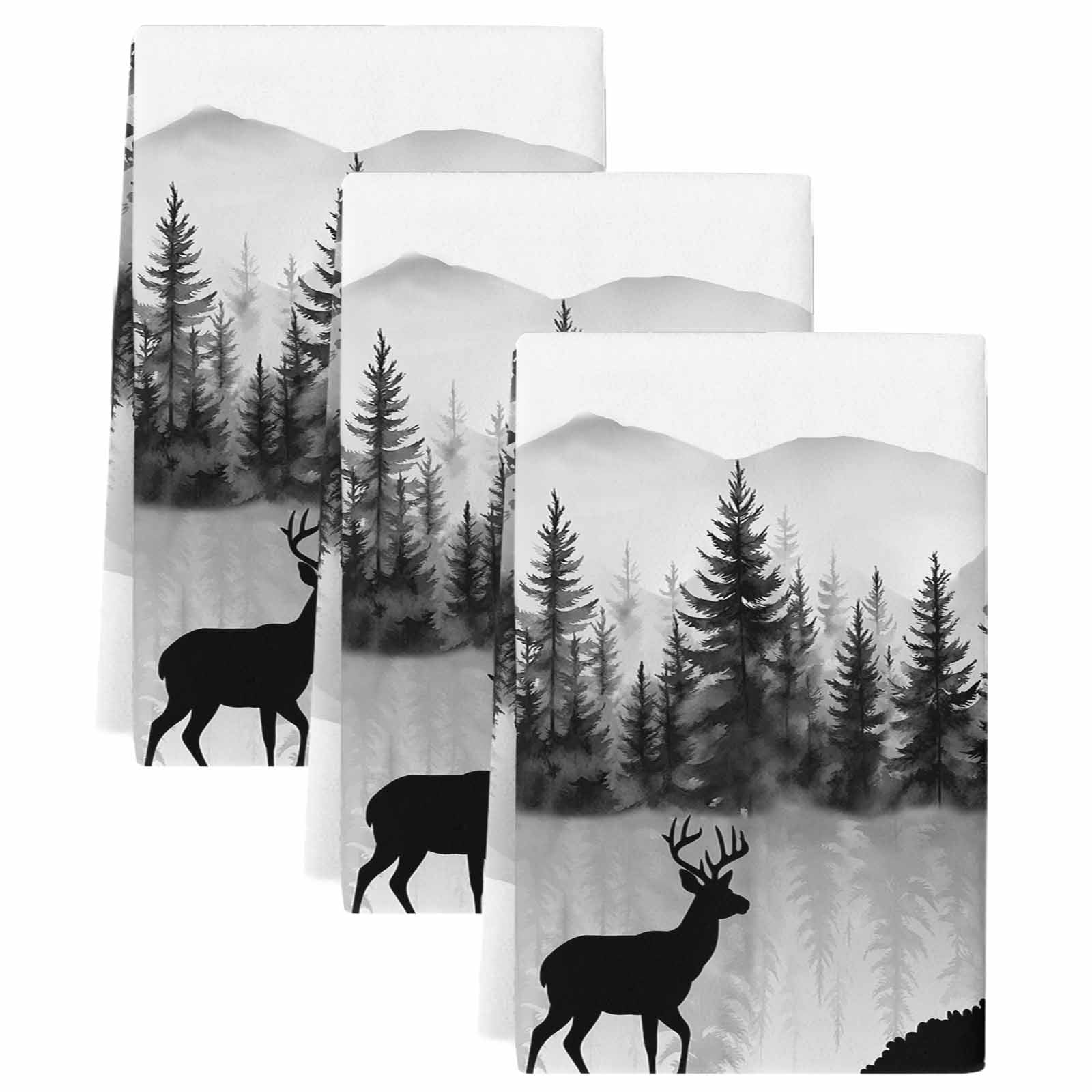 Deer Forest Kitchen Towels Set of 3, Retro Country Trees Mountain ...