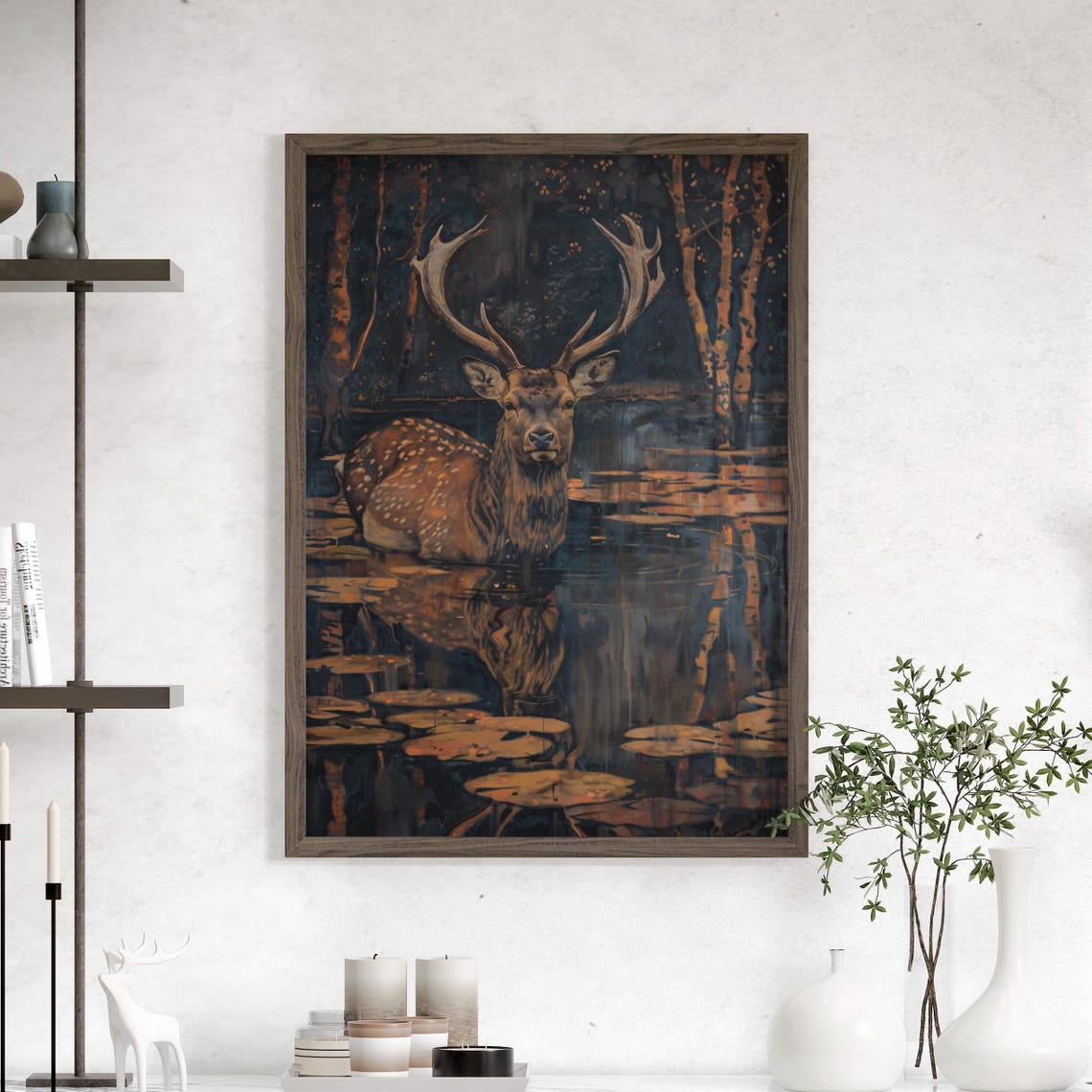 Deer Forest Lake Dark Art Moody Cottagecore Woodland Vintage Style ...