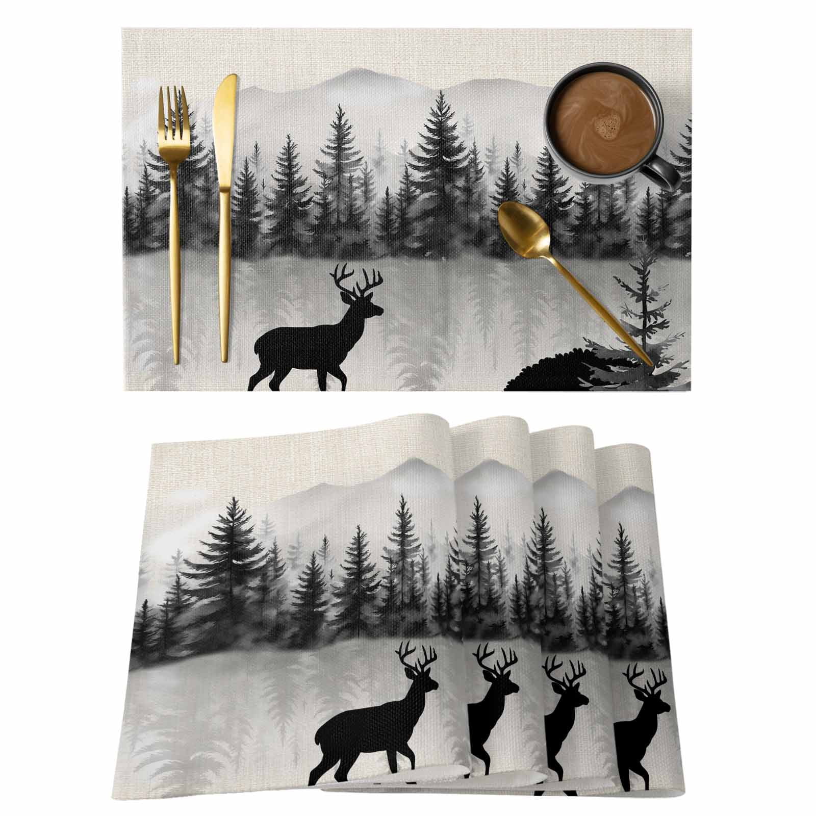 Deer Forest Placemats Set of 8, Farmhouse Vintage Nature Trees Mountain ...