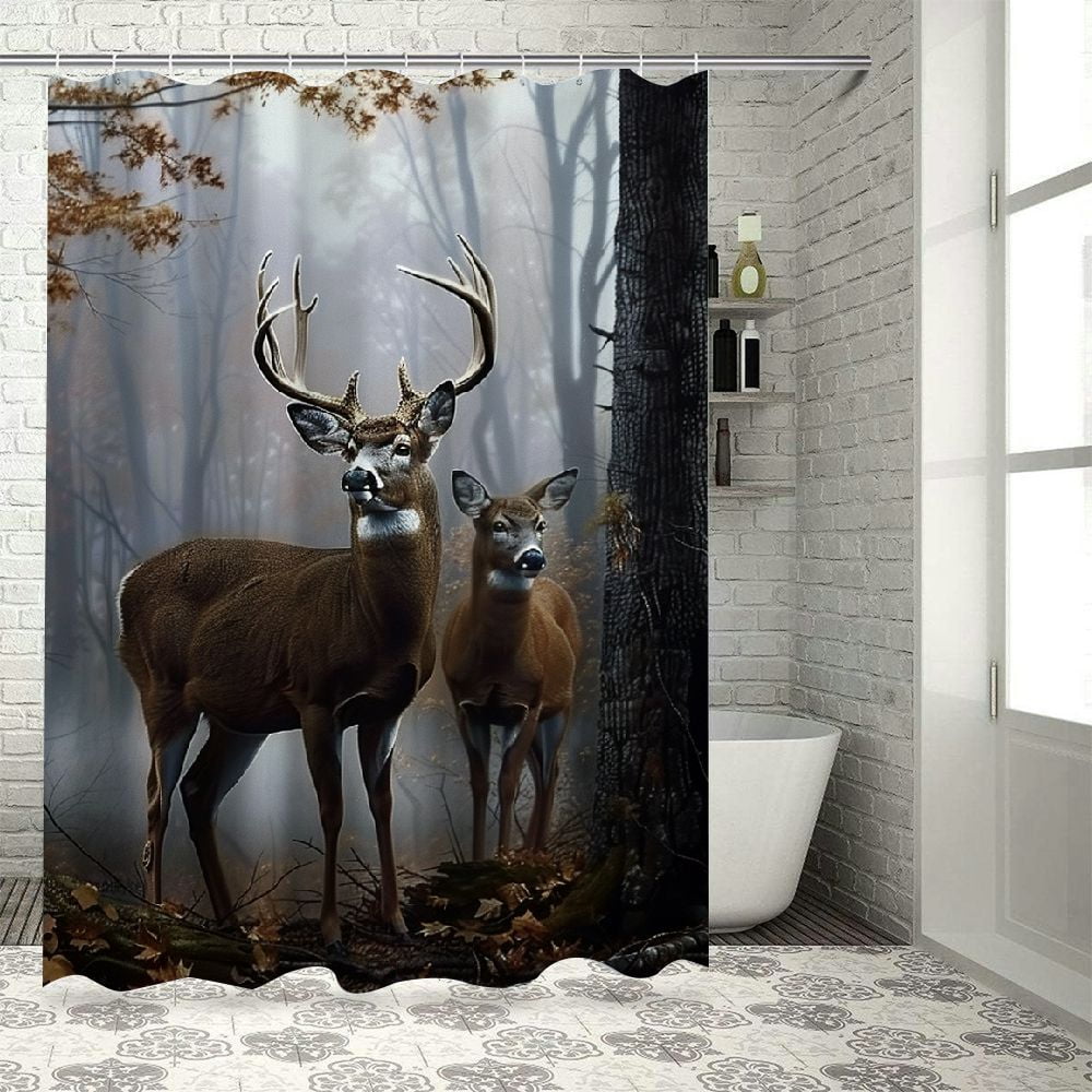 Deer Forest Shower Curtain Cabin Rustic Wild Animal Deer Elk Moose ...