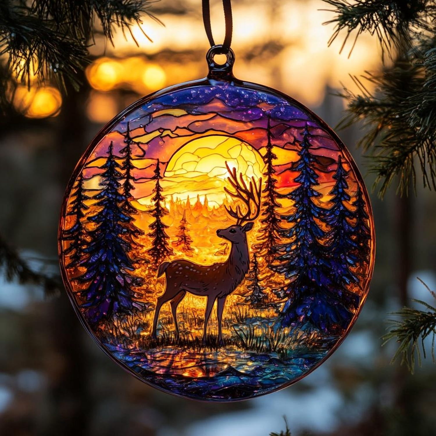 Deer Forest Sunset Acrylic Suncatcher, Faux Stained Glass Woodland ...