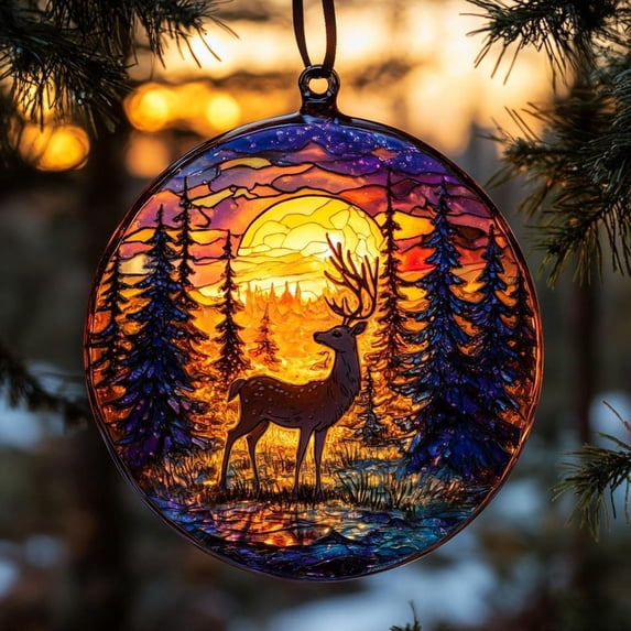 Deer Forest Sunset Acrylic Suncatcher, Faux Stained Glass Woodland ...