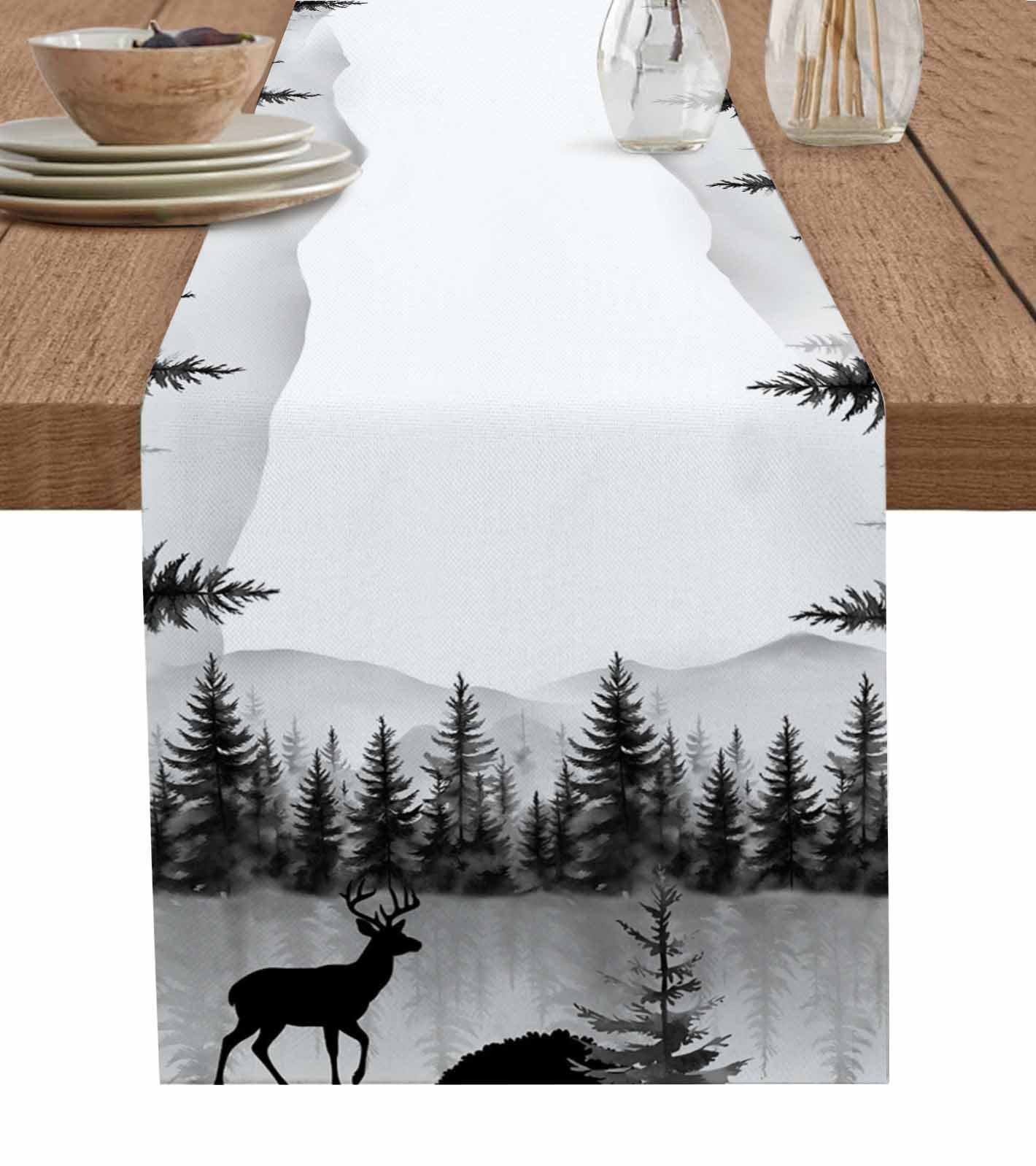 Deer Forest Table Runner 108 Inches, Retro Country Trees Mountain ...