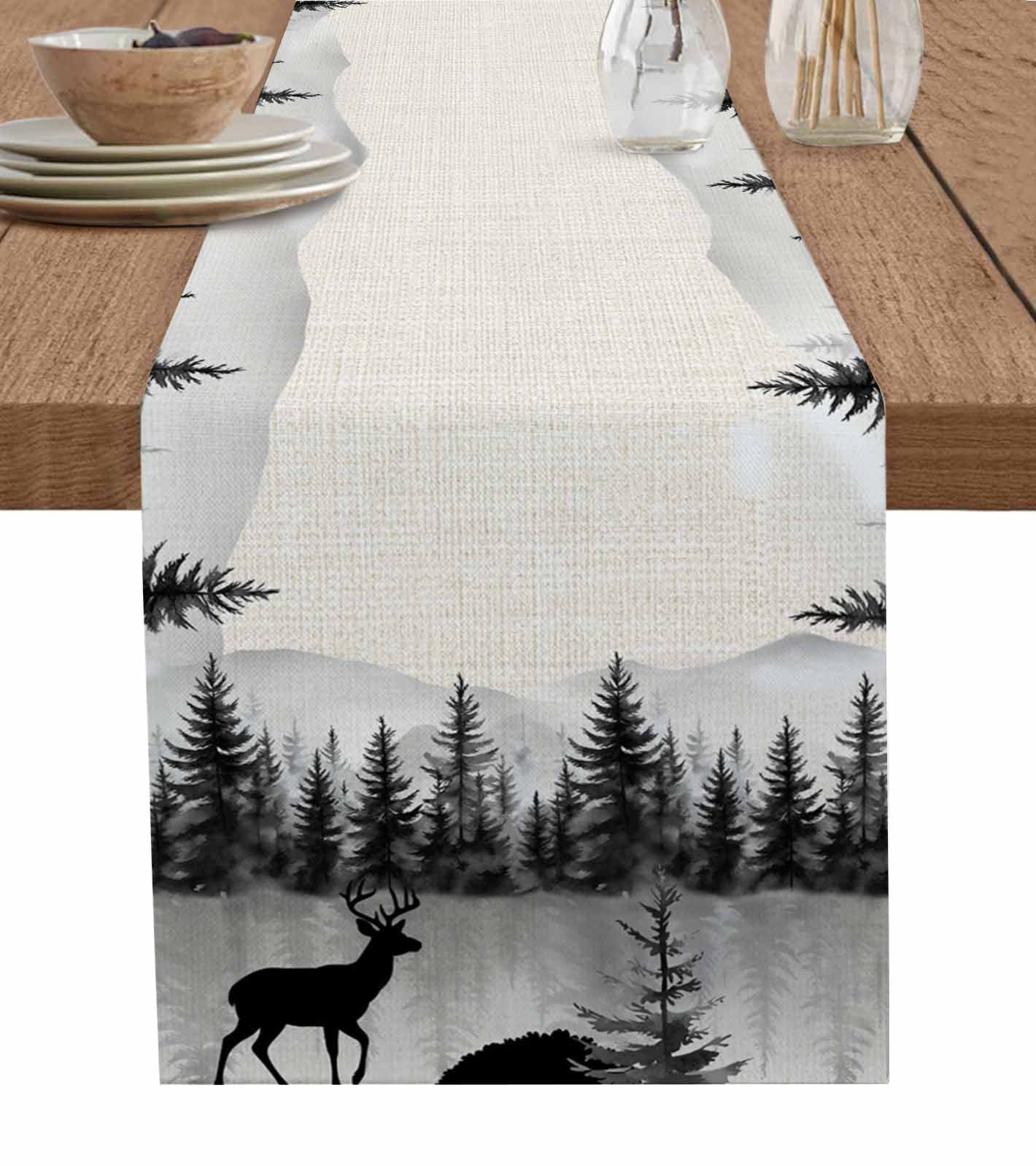 Deer Forest Table Runner 36 Inches, Farmhouse Vintage Nature Trees ...