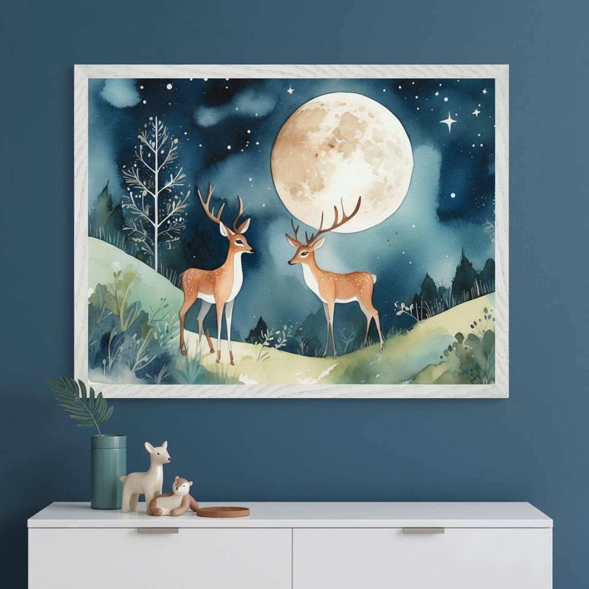 Deer Full Moon Sky Wall Art Woodland Animal Nursery Decor Whimsical ...