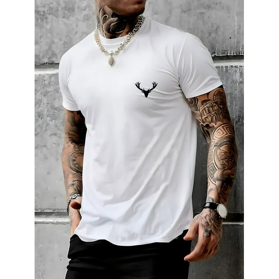 Deer Graphic Men's Short Sleeve T-shirt, Comfy Stretchy Trendy Tees For ...