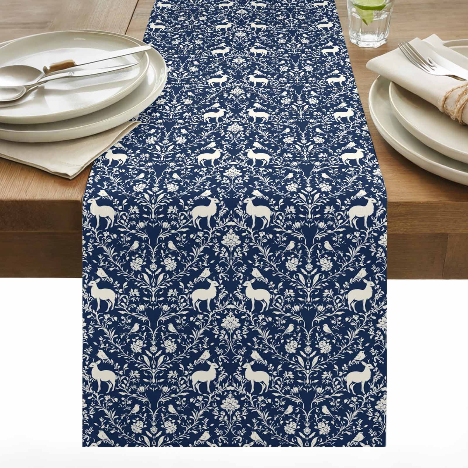Deer Head Branches Table Runner 13x120 inch Leaf Animal Blue Cotton ...
