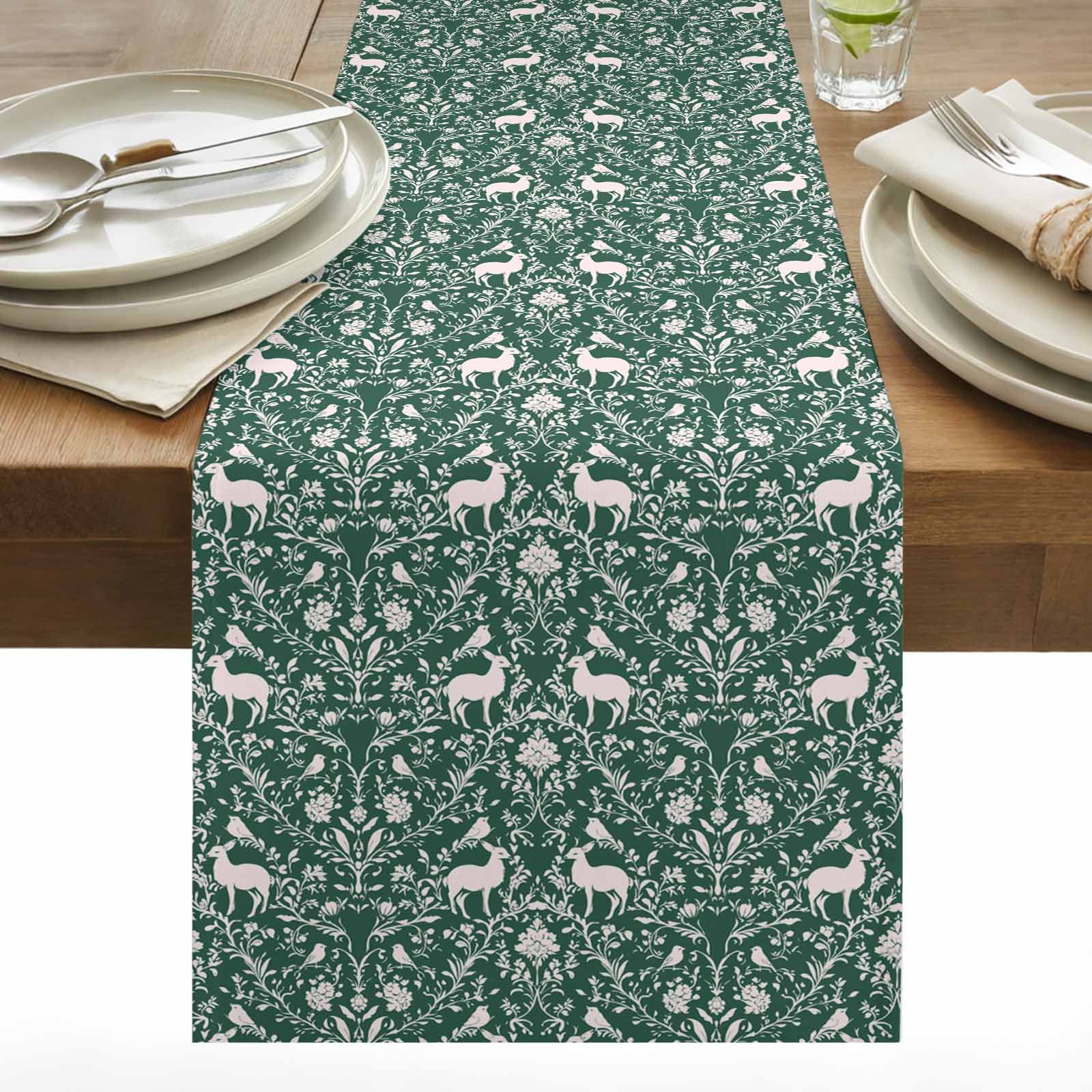Deer Head Branches Table Runner 13x72 inch Leaf Animal Sage Green ...