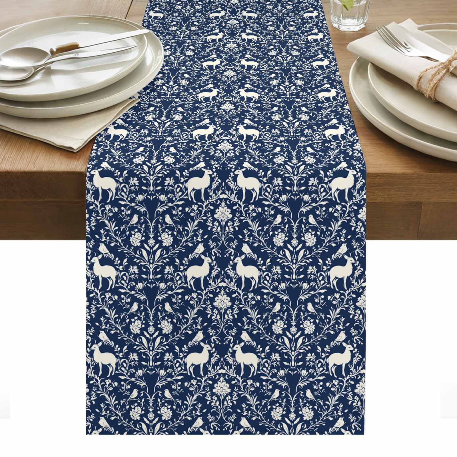 Deer Head Branches Table Runner 14 x 72 Inch, Leaf Animal Blue Washable ...