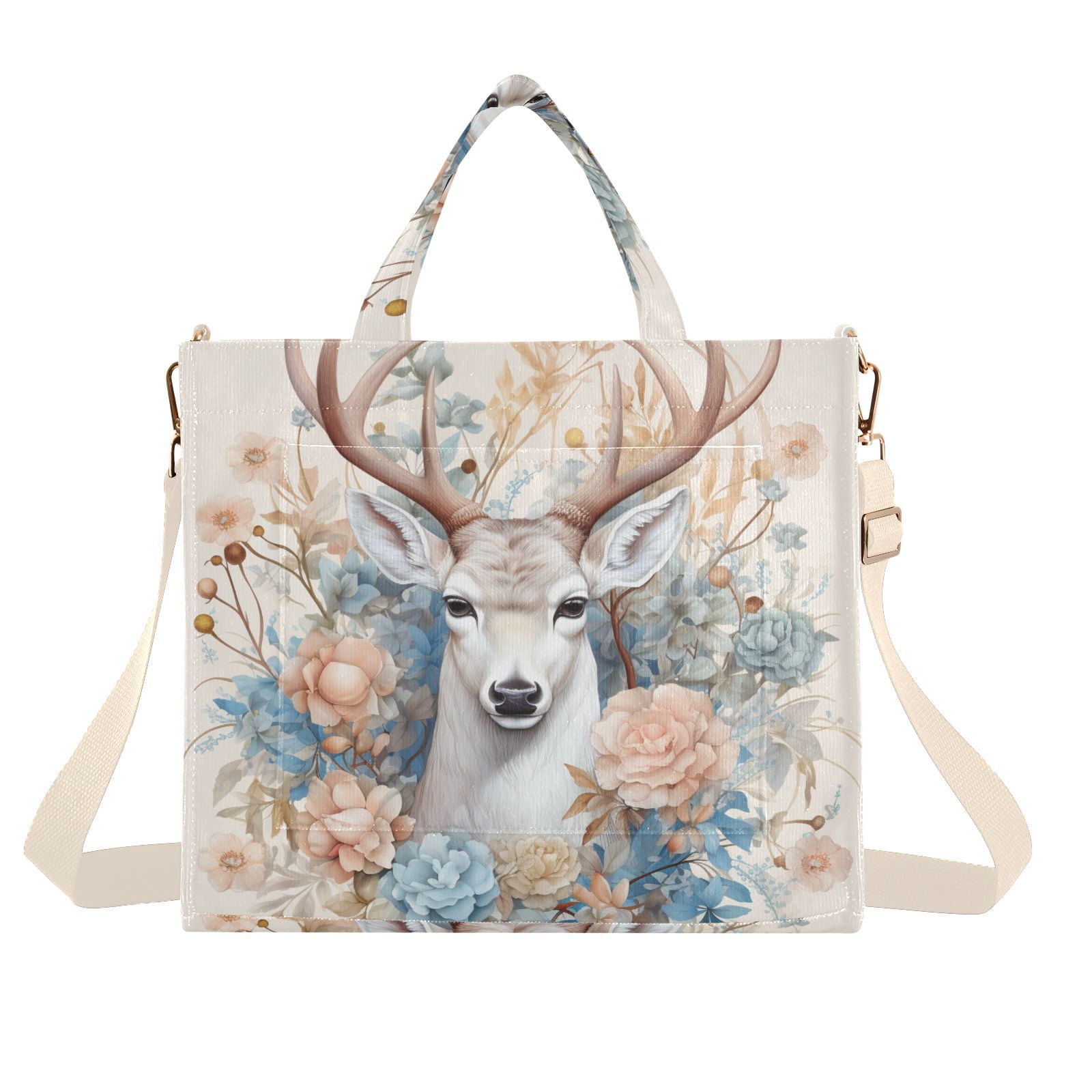 Deer Head Floral Flowers Corduroy Tote Bag Handbag Large Messenger Bag ...
