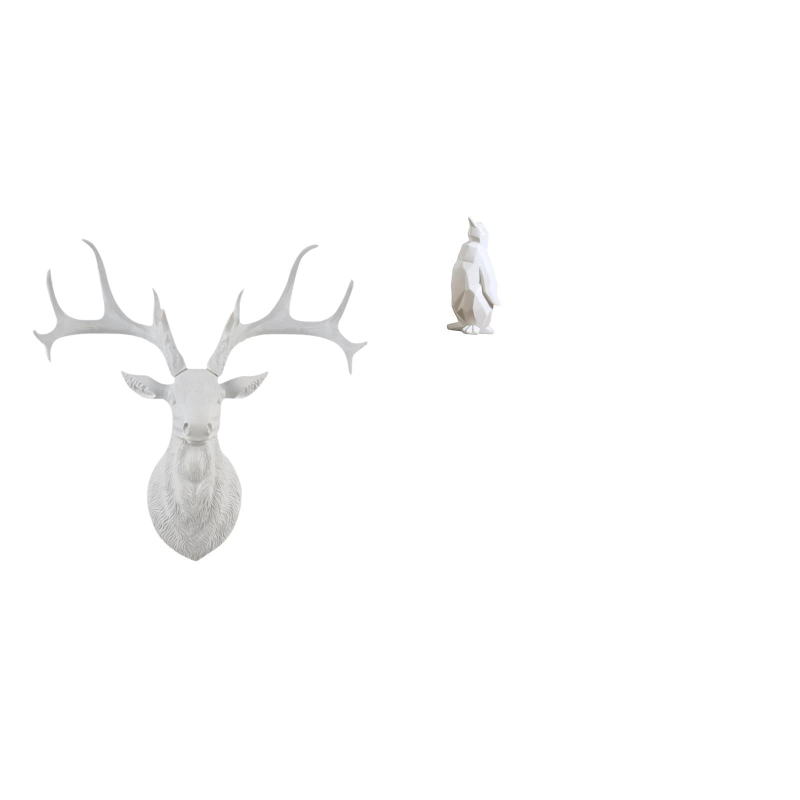 Deer Head Statue Penguin Sculpture Animal Wall Art Resin Material for ...