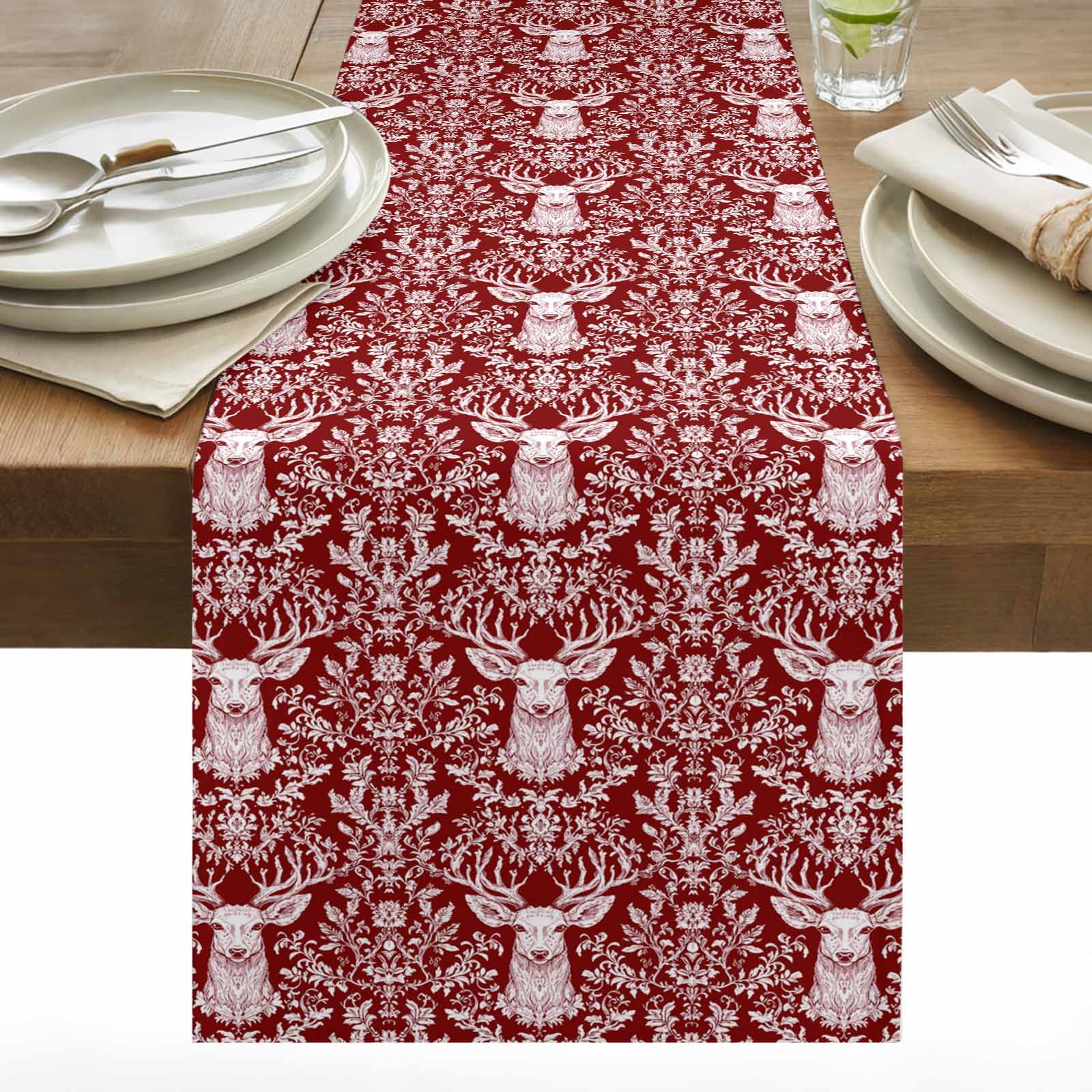 Deer Head Table Runner 13x48 inch Leaf Animal Red Cotton Linen Dining ...