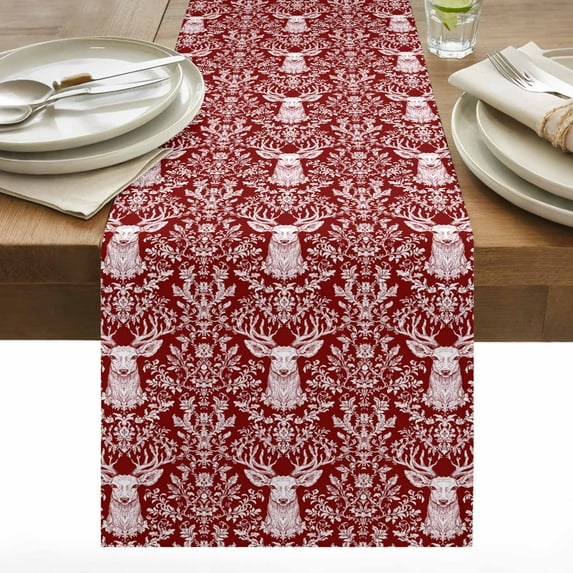 Deer Head Table Runner 13x60 inch Leaf Animal Red Cotton Linen Dining ...