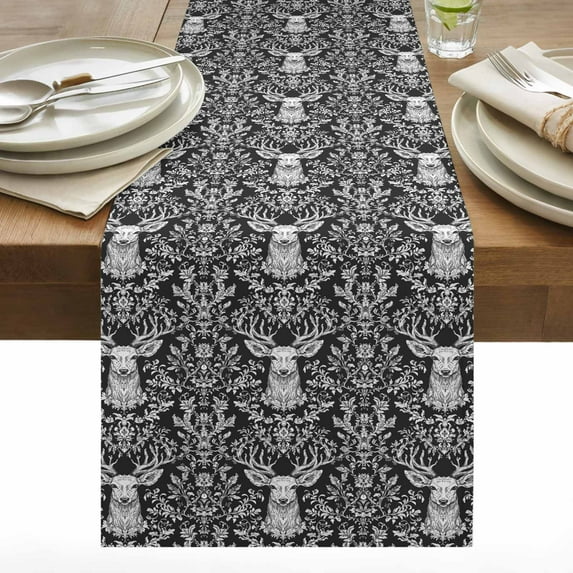 Deer Head Table Runner 13x90 inch Leaf Animal Black Cotton Linen Dining ...