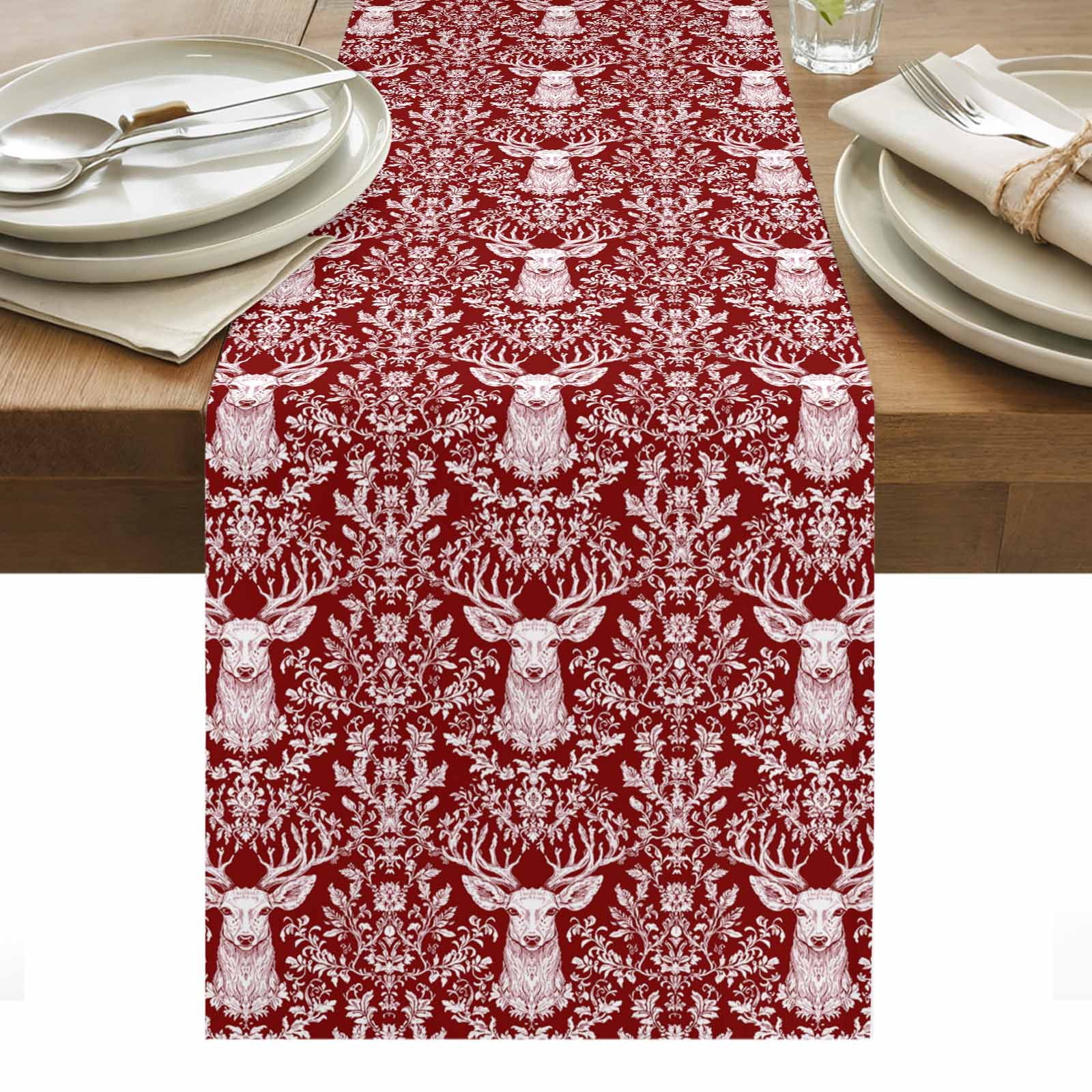 Deer Head Table Runner 14 x 72 Inch, Leaf Animal Red Washable Cotton ...