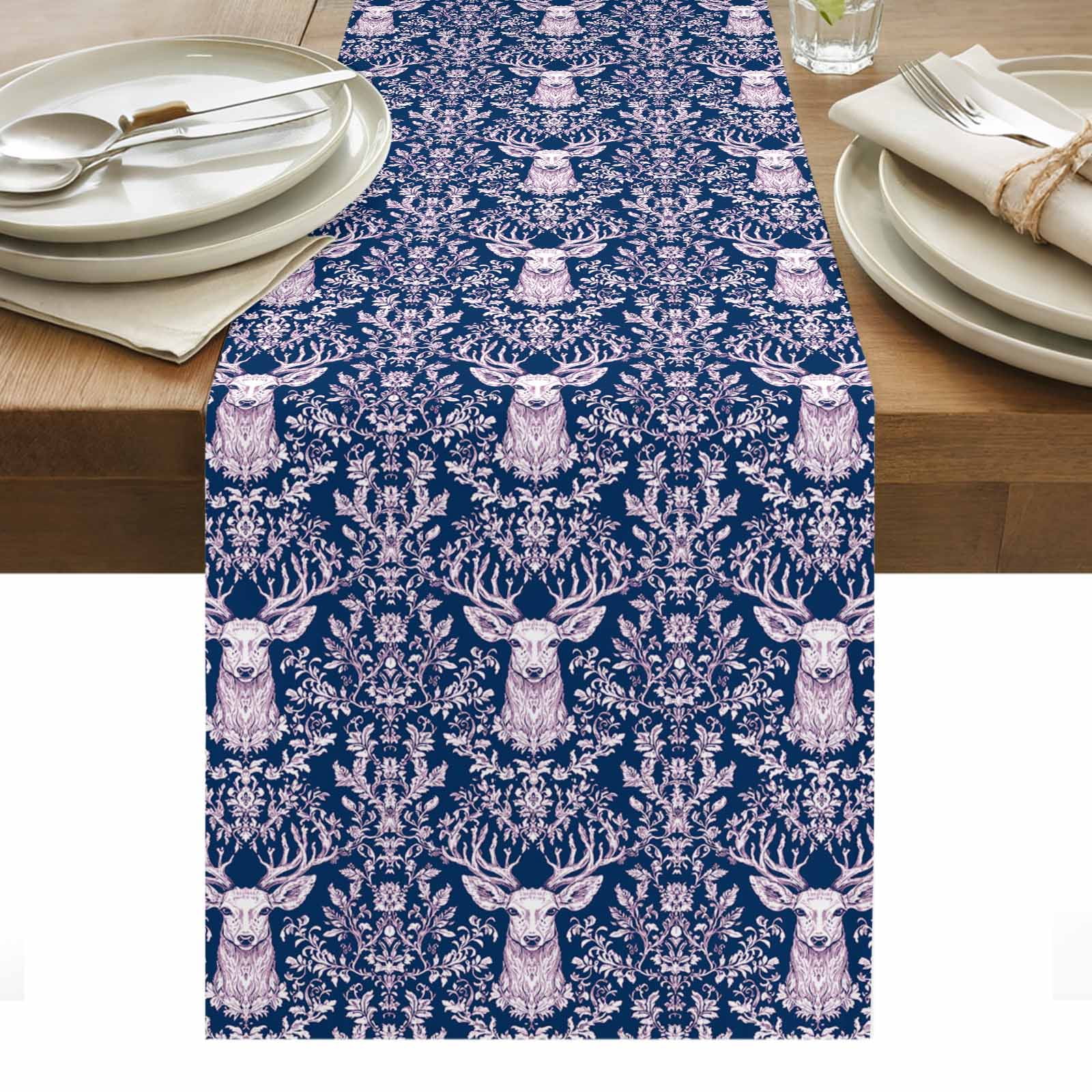 Deer Head Table Runner 18 x 72 Inch, Leaf Animal Blue Washable Cotton ...