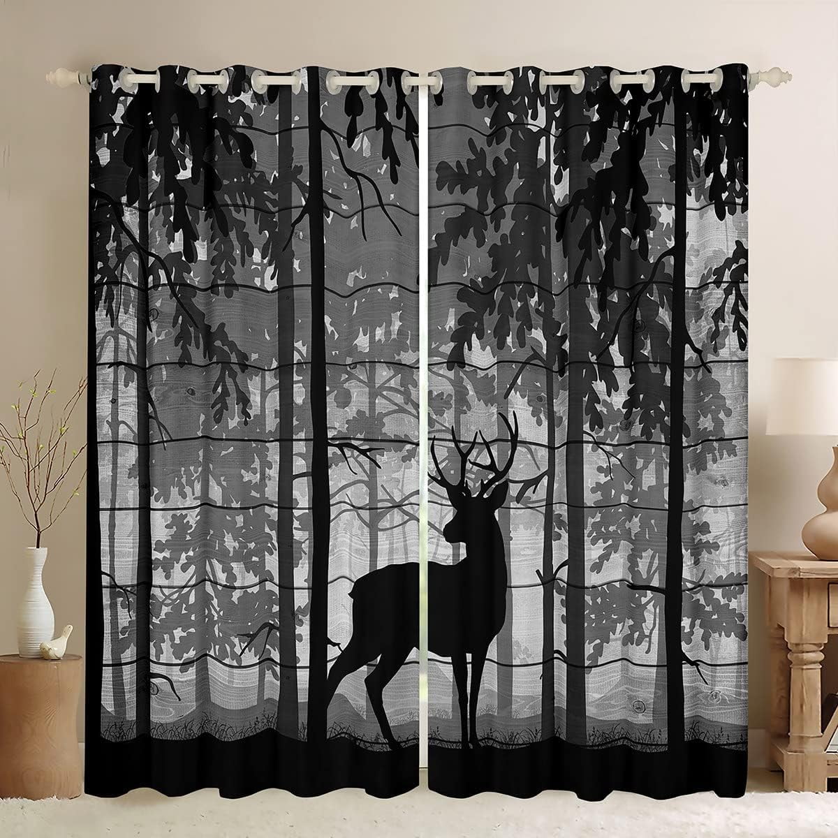 Deer Hunt Theme Window Curtain,Jungle Tree Animals Silhouette Curtains ...