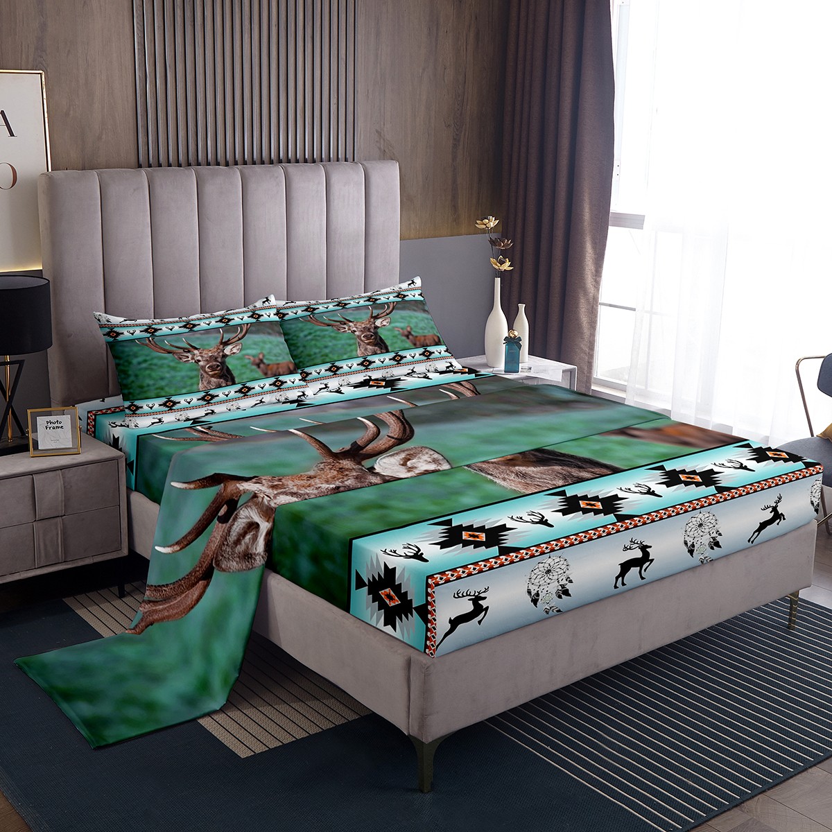 Deer Hunter Bed Sheets Set King Southwestern Aztec Western Sheet Set ...