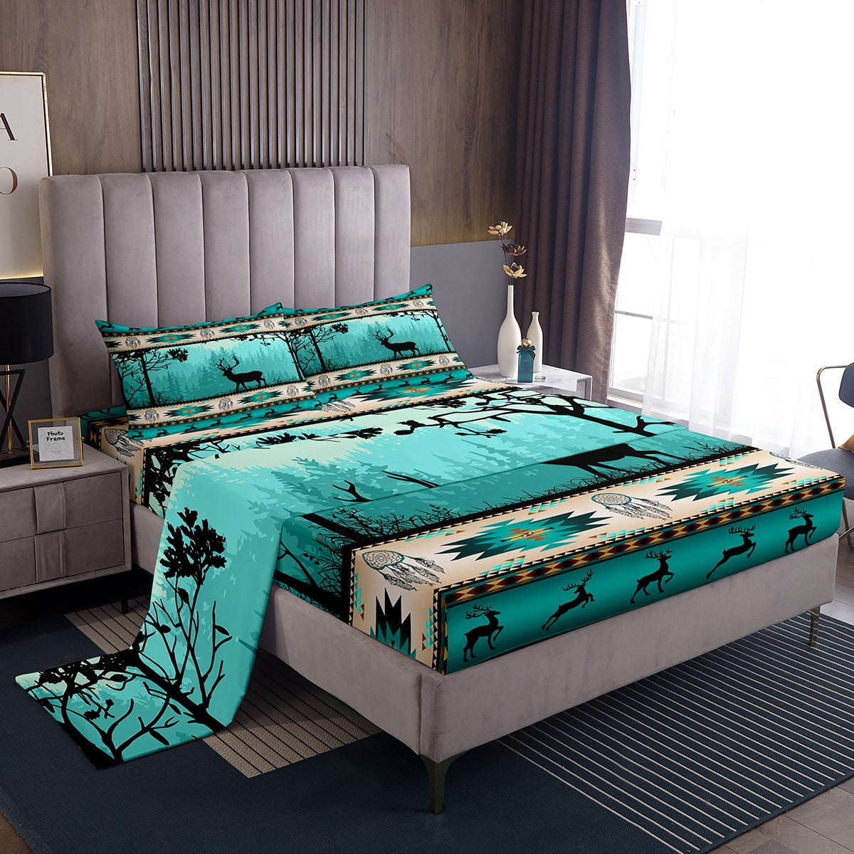 Deer Hunter Bed Sheets Set King Southwestern Native Aztec Western Sheet ...