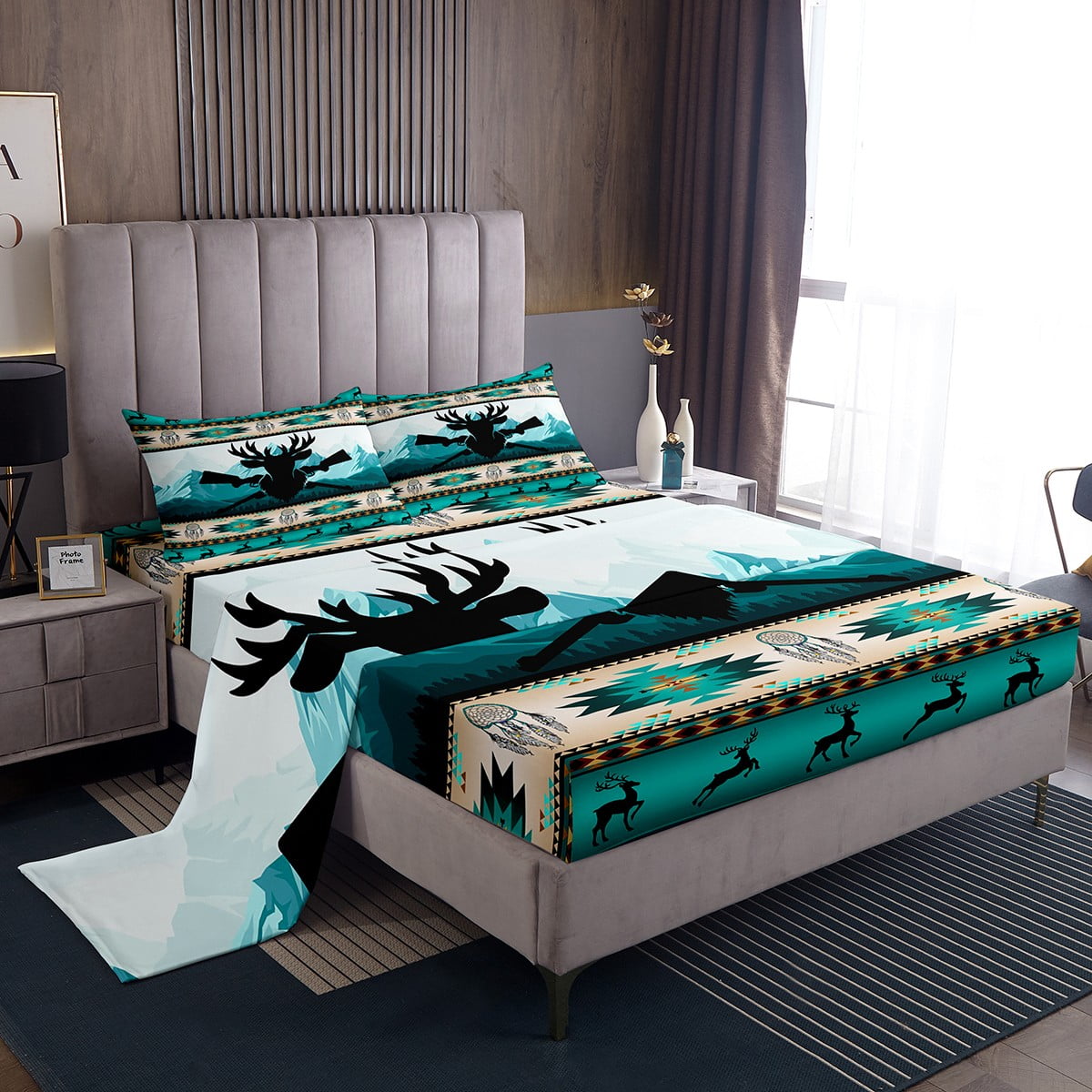 Deer Hunter Bed Sheets Set King Southwestern Native Aztec Western Sheet ...
