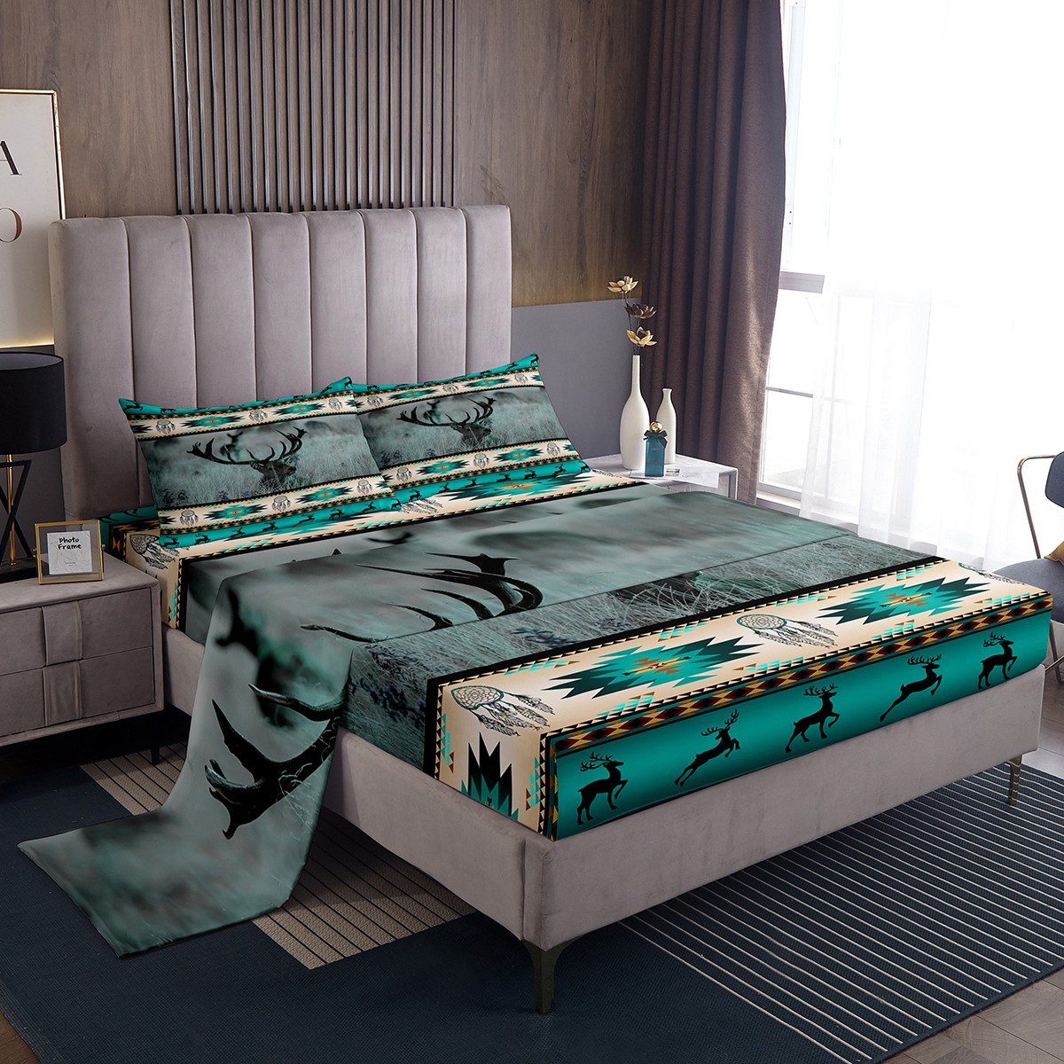 Deer Hunter Bed Sheets Set King Southwestern Native Aztec Western Sheet ...